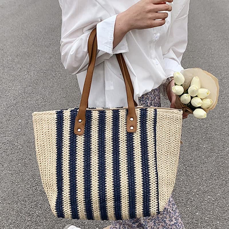 N/A Summer Striped Straw Bag Women Woven Shoulder Handbag Rattan Handmade Beach Bag Large Capacity Totes (Color : B, Size : One Size)