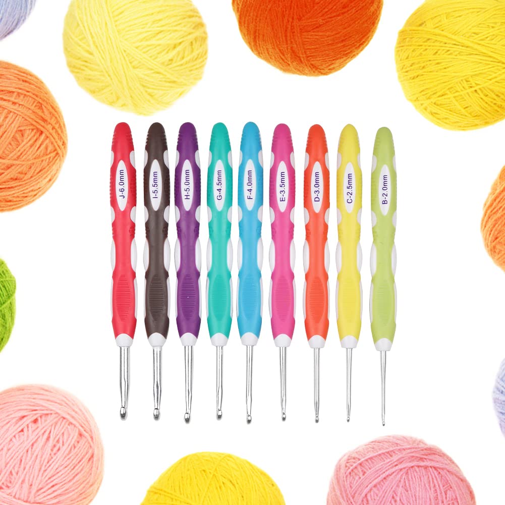 Katech 9 pcs Different Sizes Crochet Hooks (2.0mm - 6.0mm) Ergonomic Non-Slip Handle Crochet Needles Set Kit DIY Craft Yarn Weaving Tool for Beginners and Crochet Lovers to Make Bag, Socks and Hats