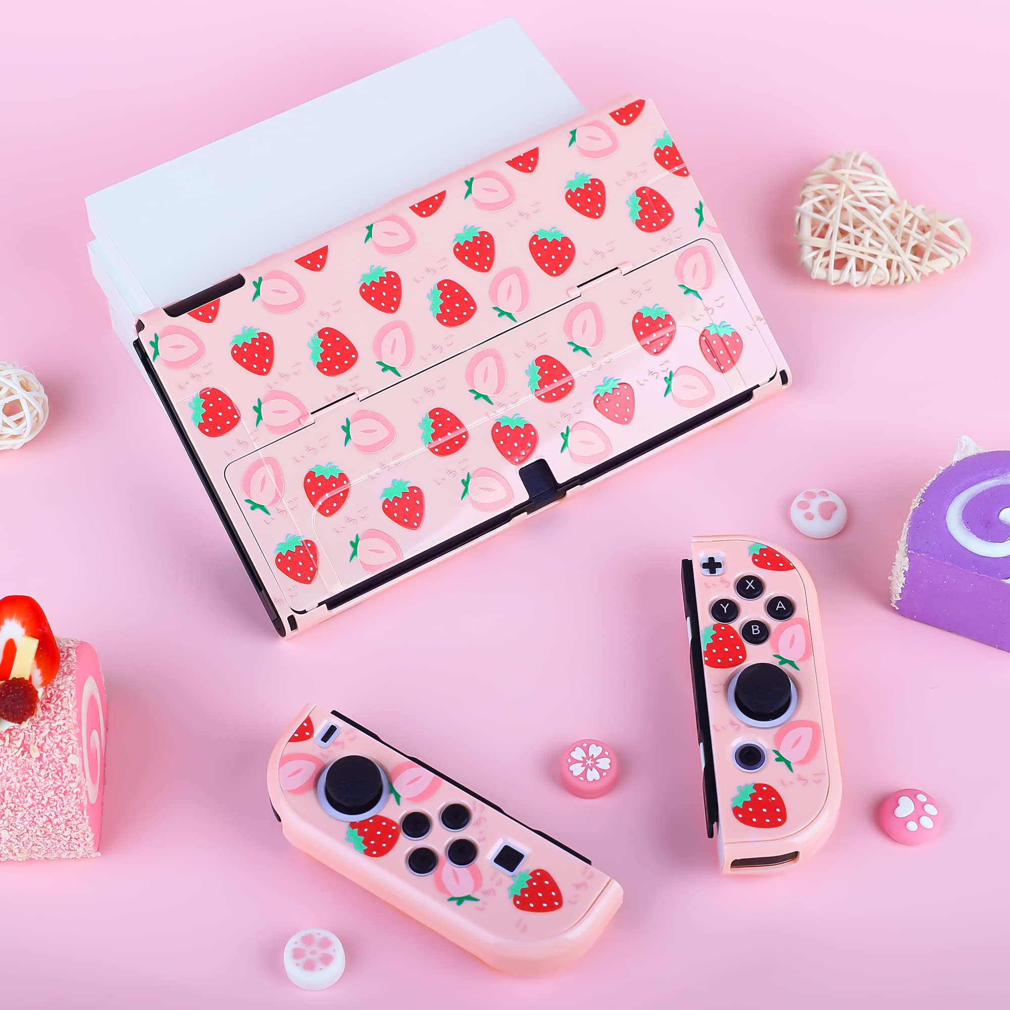 LASTYAL Sweet Strawberry Case Compatible with Nintendo Switch OLED 2021, Cute PC Pink Protective Cover for Switch OLED Console and Joycon with Screen Protector and 4 Thumb Caps