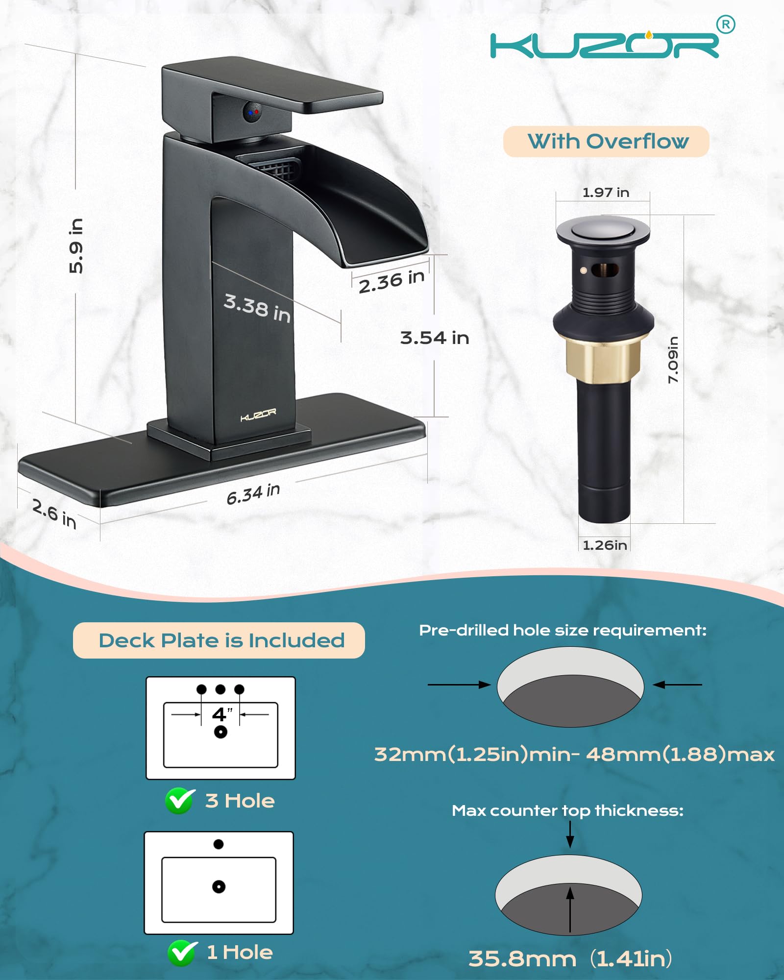 KUZOR Bathroom Faucets Single Hole Black Matte, Waterfall Matt Black Bathroom Sink Faucet One Hole with Metal Pop Up Drain, Solid Brass Square Faucet for Bathroom Vanity