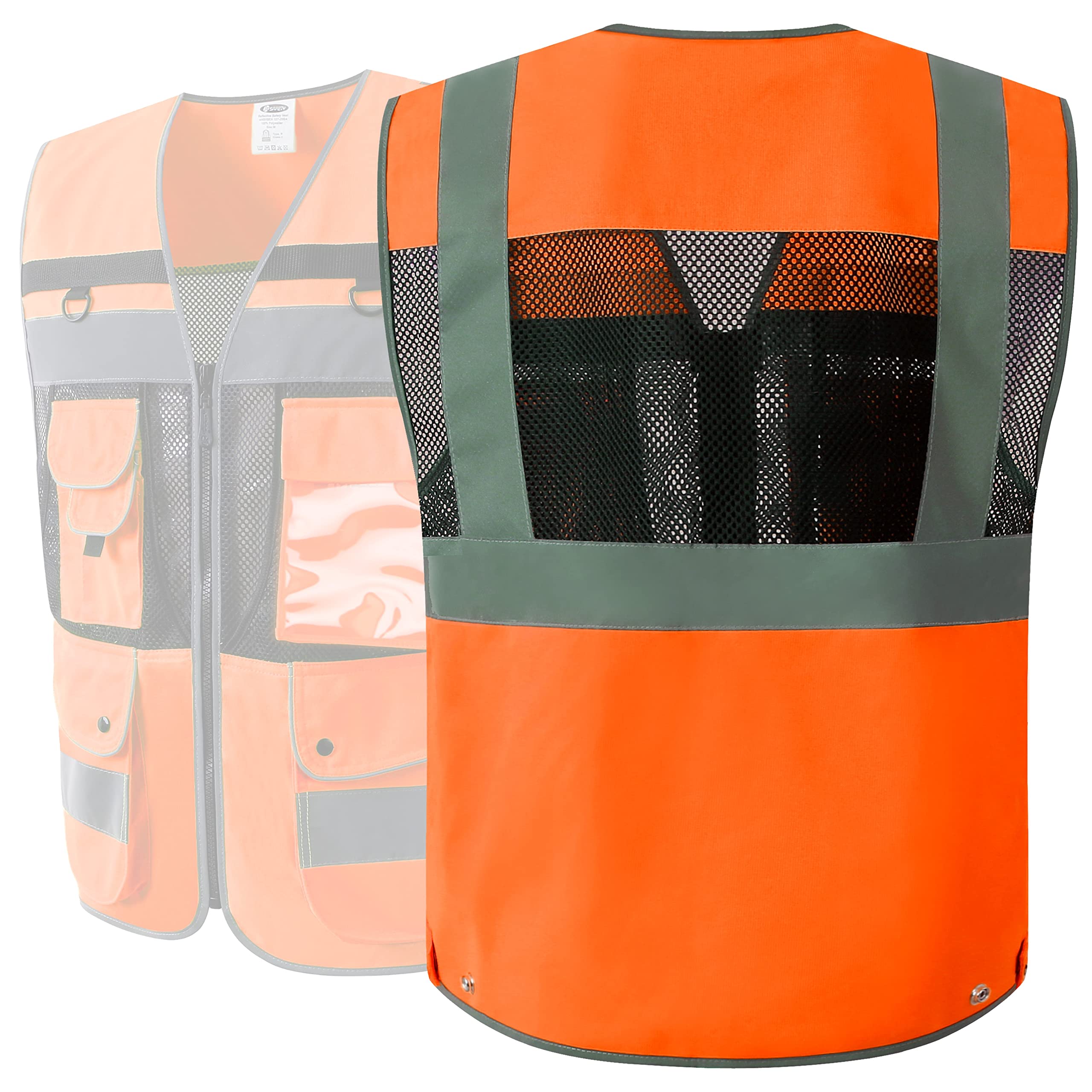 JKSafety 12 Pockets Class 2 High Visible Reflective Safety Vest Zipper Front Back Pockets Mesh Lining, Yellow-Black Meets ANSI/ISEA Standards (180-Yellow-Black XXL)