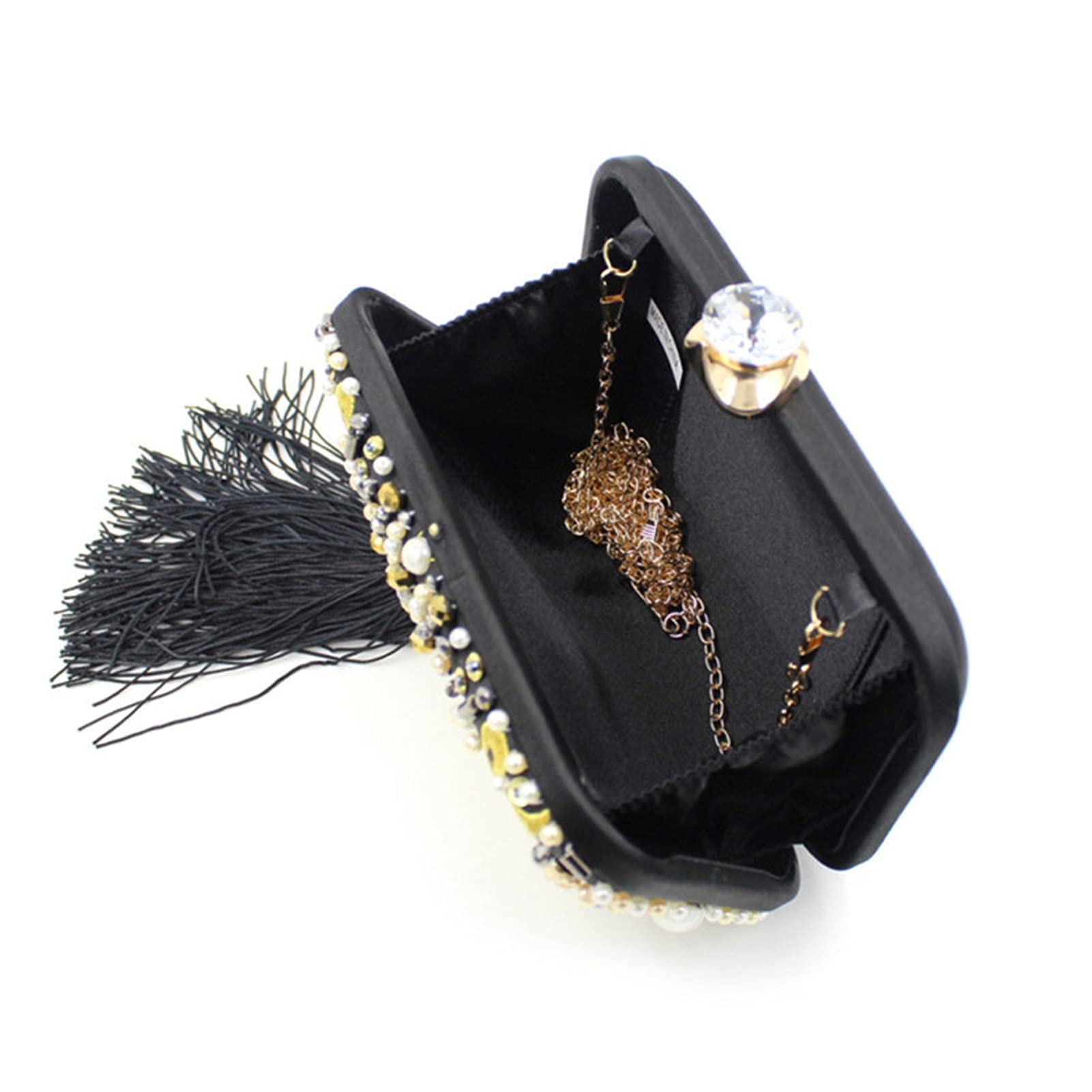 Mayeec Evening Clutch Pearl Beads Embroidery Clutch Bag Black Tassels Crystal Evening Bag Bridal Wedding Luxury Handbag (Color : Black)