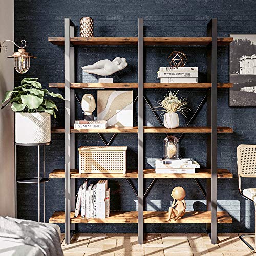 IRONCK Industrial Bookshelf and Bookcase Double Wide 5 Tier,Book Cases Wood and Metal Bookshelves for Home Office, Easy Assembly, Vintage Brown