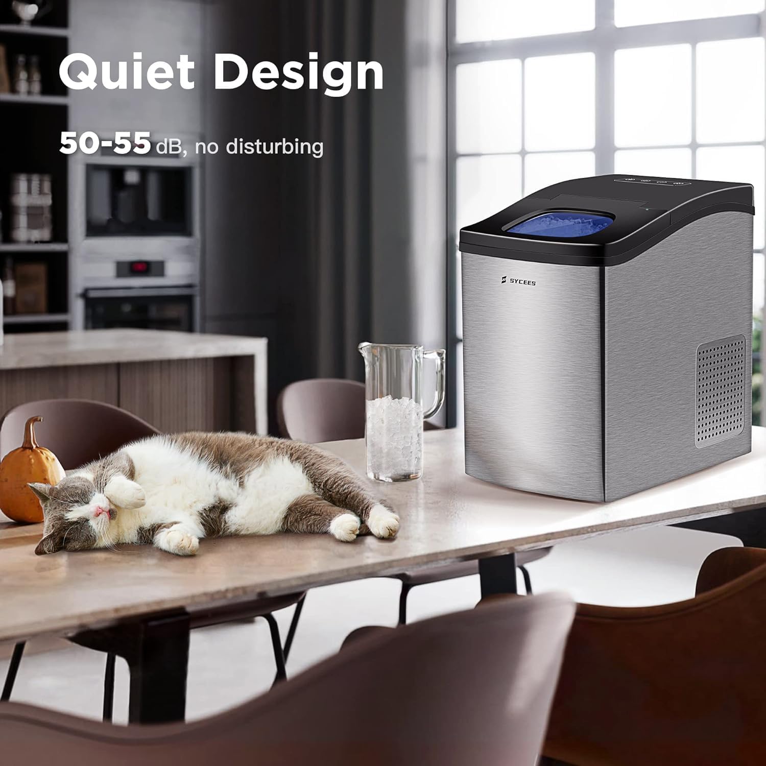 SYCEES 33lbs/24h Portable Nugget Ice Maker for Countertop, 5lbs Ice Storage, Pellet Ice Ready in 10 Mins, Self-Cleaning, Touch Control, Stainless Steel Sonic Ice Machine for Home, Bar, Office