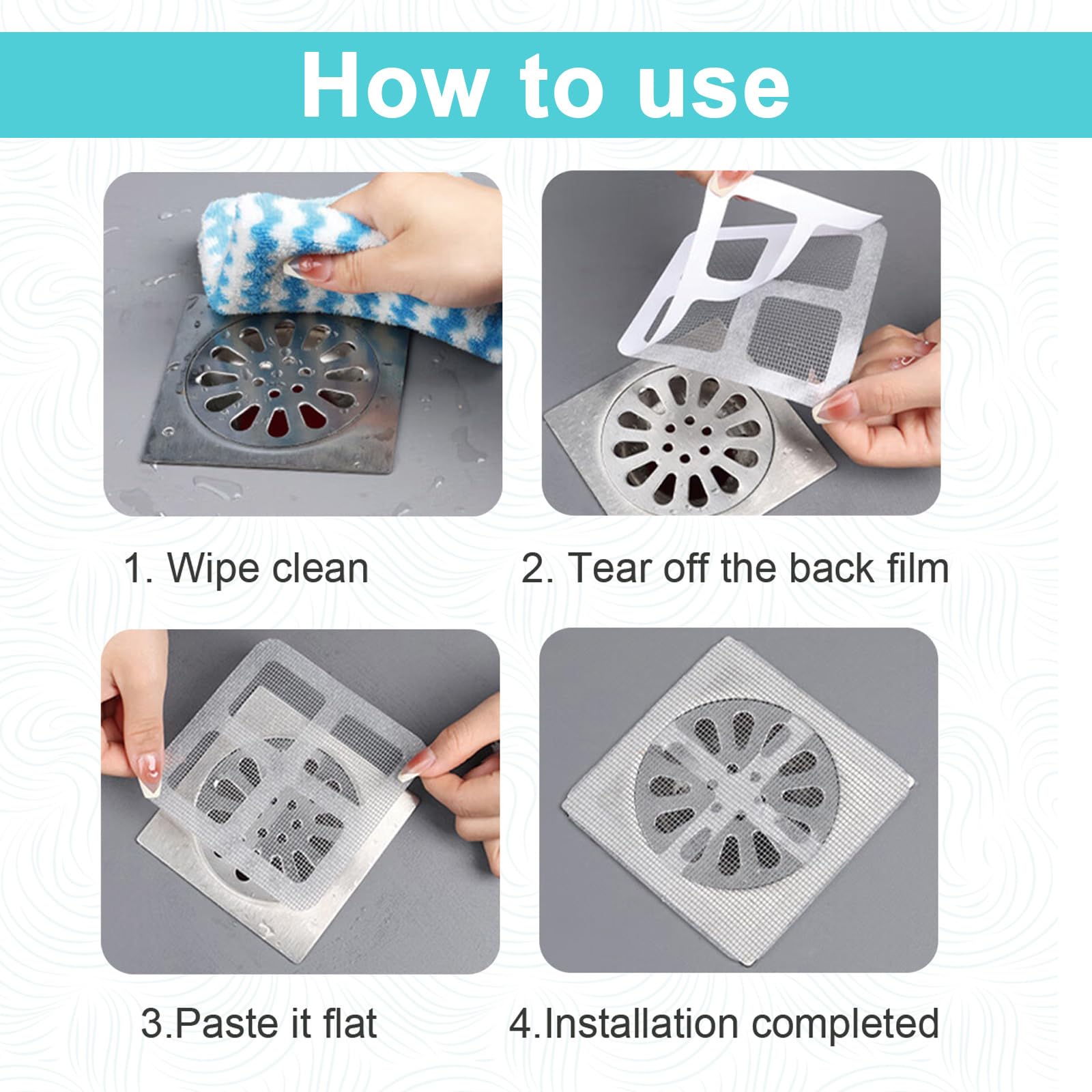 Shower Drain Hair Catcher Disposable 50 Pack,4" X 4" Shower Drain Cover Mesh Stickers Easy to Install and Clean Suit for Bathtub, Bathroom, Kitchen and Laundry