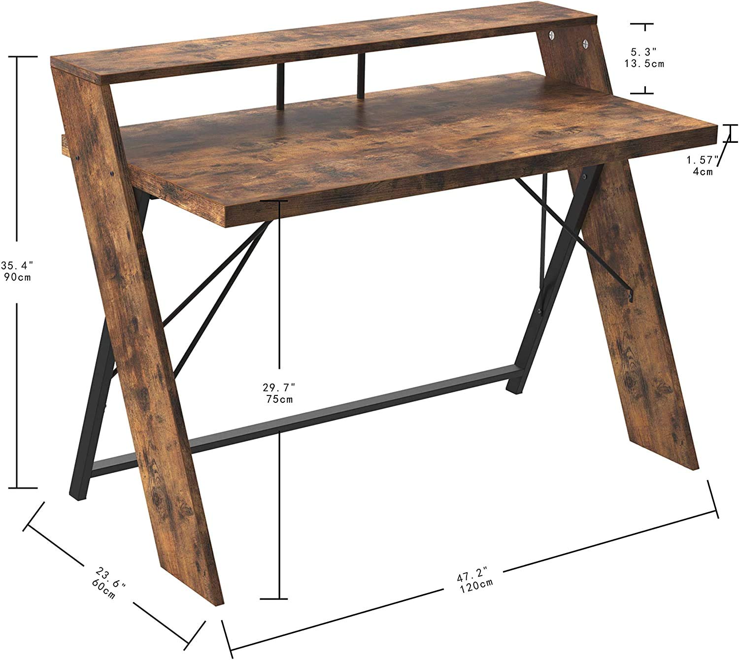 IRONCK Industrial Computer Desk 47", Office Desk with Monitor Shelf, with Thicker Tabletop and Diagonal Wood Legs, Studying Writing Table for Home Office