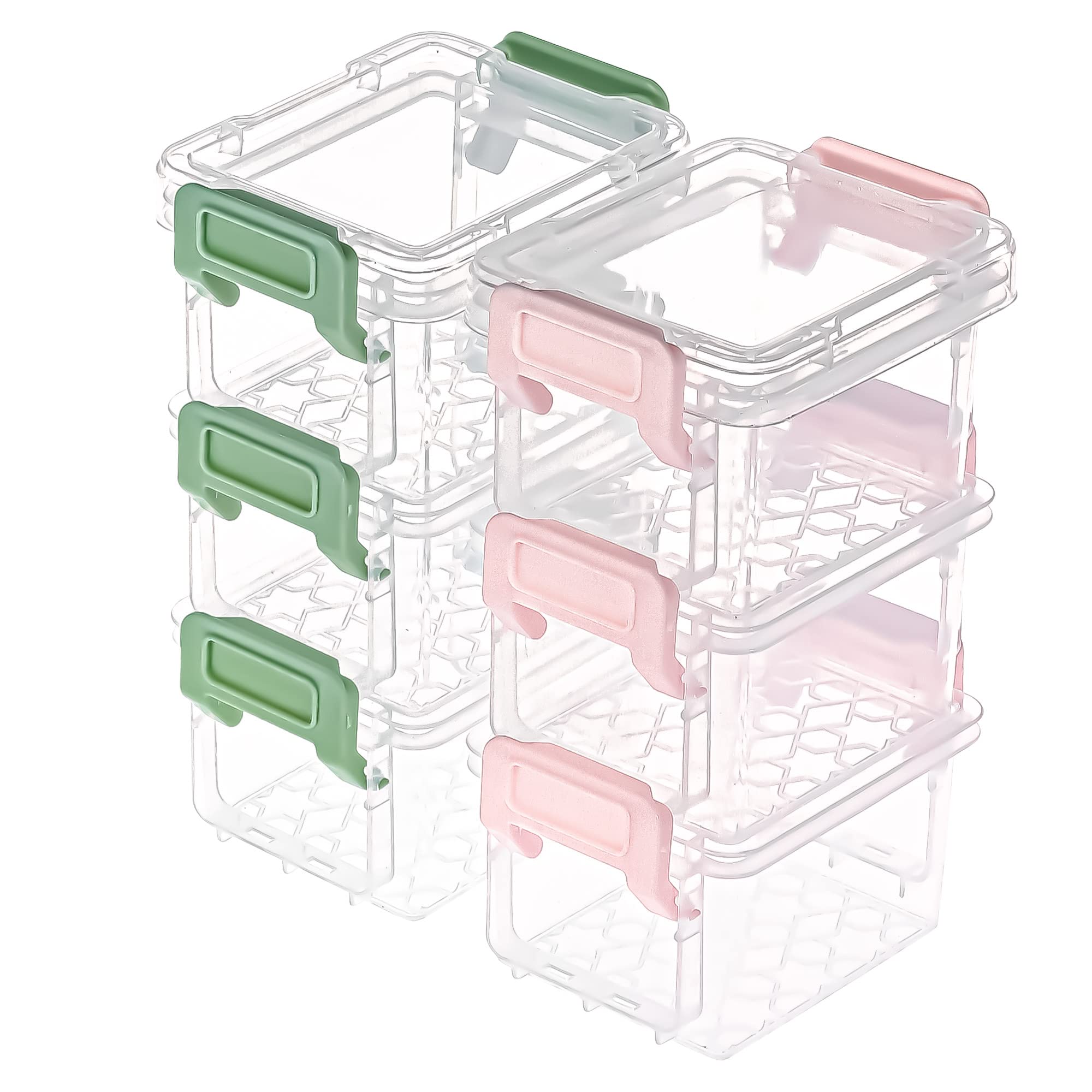 ISKYBOB 6 Packs Small Storage Bins with Lids, Mini Stackable Plastic Storage Containers Colorful Bead Organizer Latch Box Small Containers for Organizing Craft, Small Items, Green+Pink