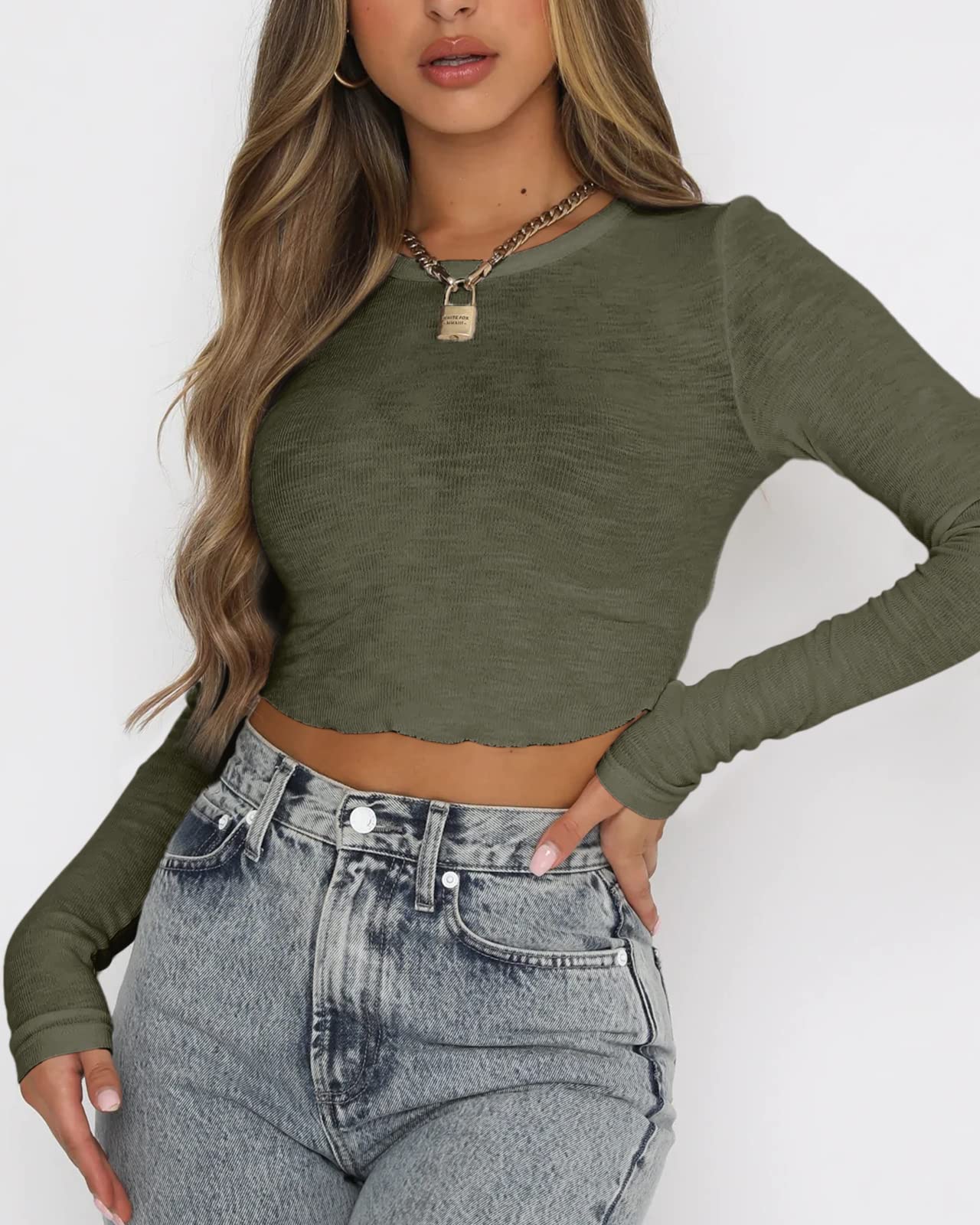 Mallnear Women's Crew Neck Long Sleeve Crop Top Summer Workout Slim Fitted Casual Basic Tee Shirts Pullovers Army Green