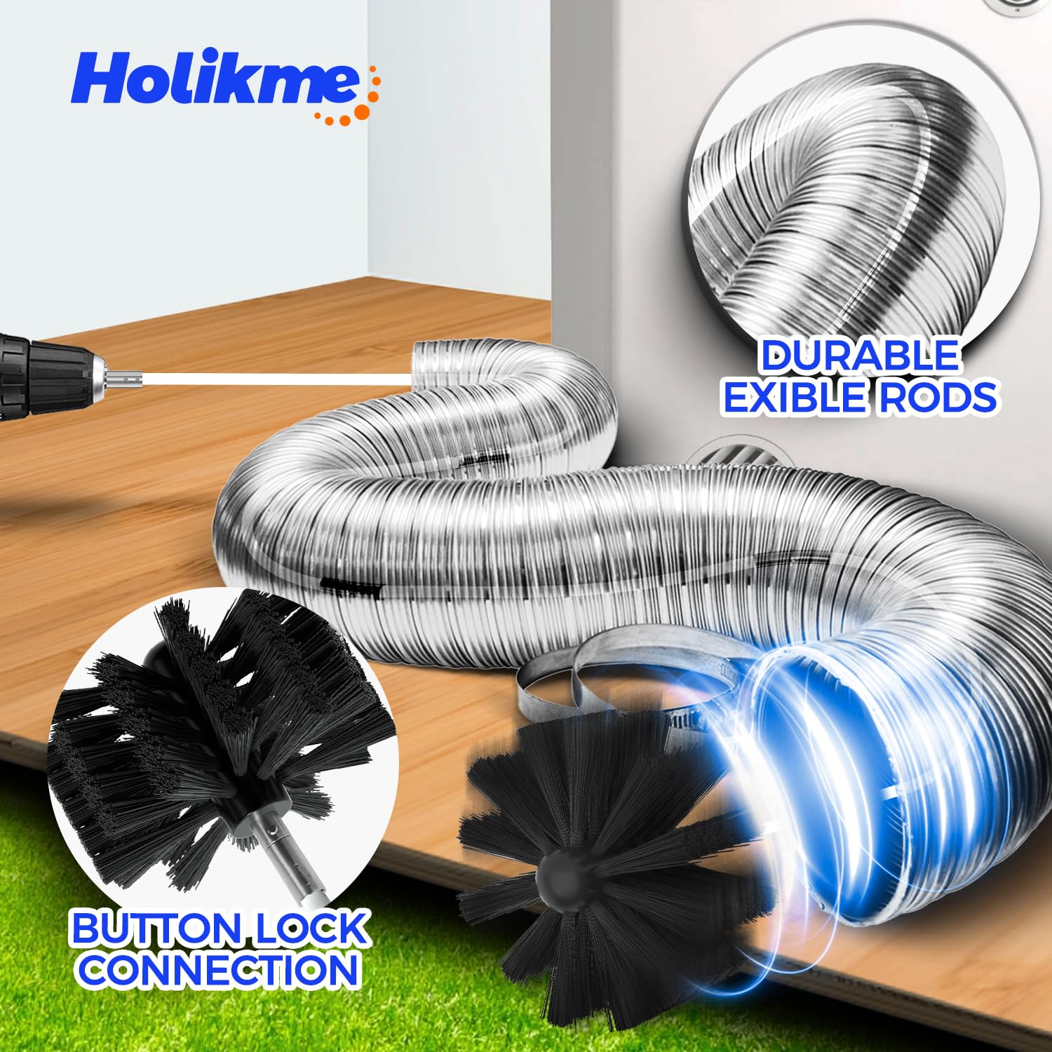 Holikme 32 Feet Dryer Vent Cleaner Kit, Upgraded Flexible Quick Snap Brush with Drill Attachment, Easier Installation & No Loose, Synthetic Brush Head, Use with or Without a Power Drill