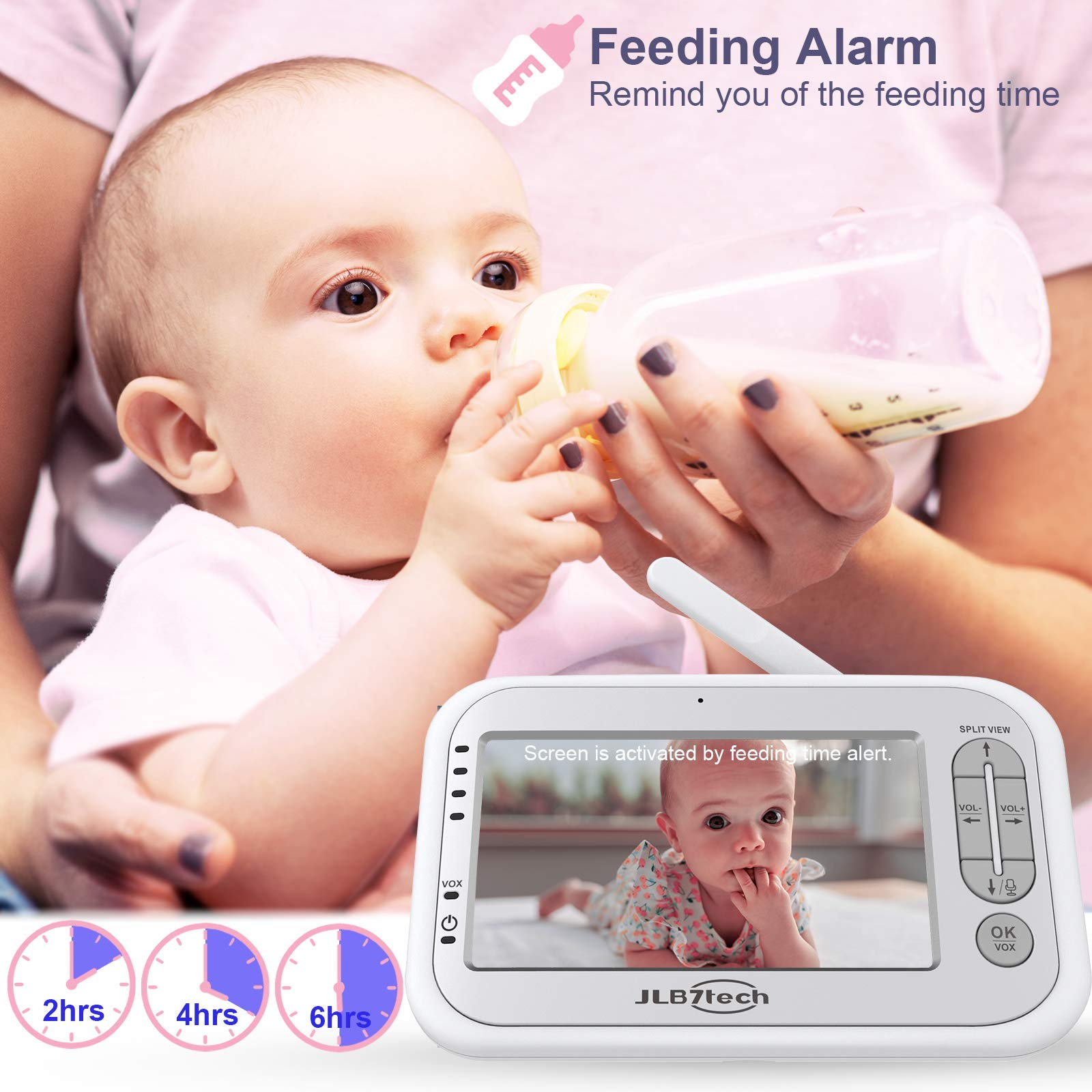 JLB7tech Baby Monitor,5" Split Screen Video Baby Monitor 1 Camera and Audio,Night Vision,Two-Way Talk,Long Range,FeedingTime,Lullabies,Temperature Detection,Power Saving/Vox,Zoom in