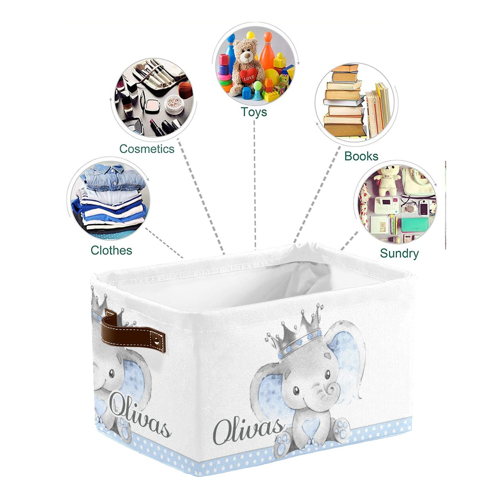 Personalized Storage Bins, Custom Storage Basket Boxes for Organizing Closet Shelf Nursery Toy Elephant Prince