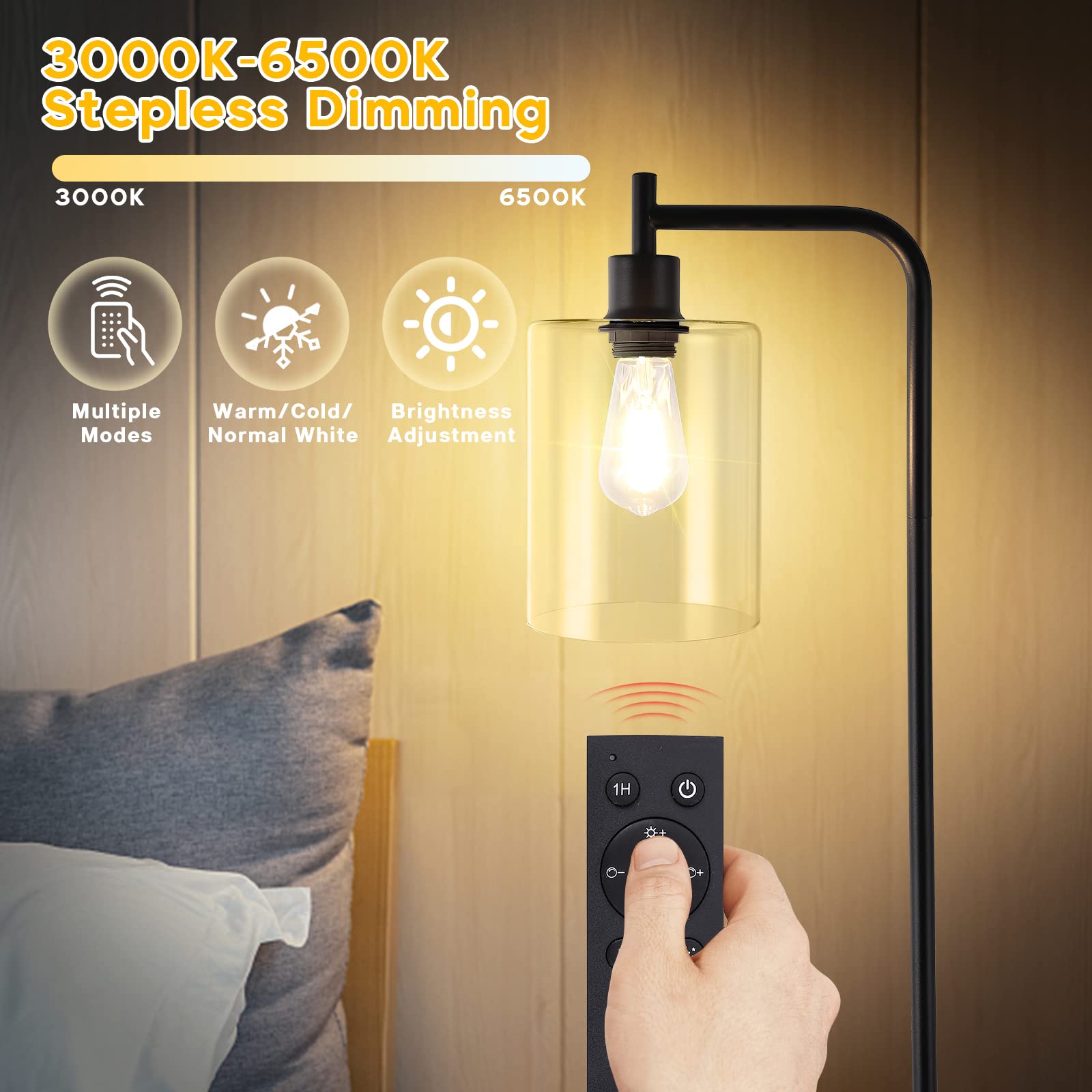 Litake Industrial Floor Lamp, Dimmable Modern Standing Lamp with Clear Glass Shade, Black Tall Lamp with Remote & Foot Control, LED Bright Corner Lamp with 6W Bulb for Living Room Bedroom Office
