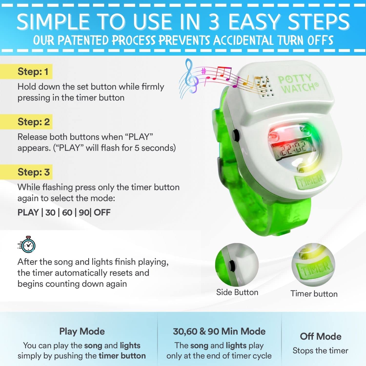 Potty Time: Purple Watch & Sticker Set | Water Resistant, Toilet Training Aid, Warranty Included. (Automatic Timers Plays Music & Flashing Lights for Fun Reminders), Green + Pond Sticker Chart Kit