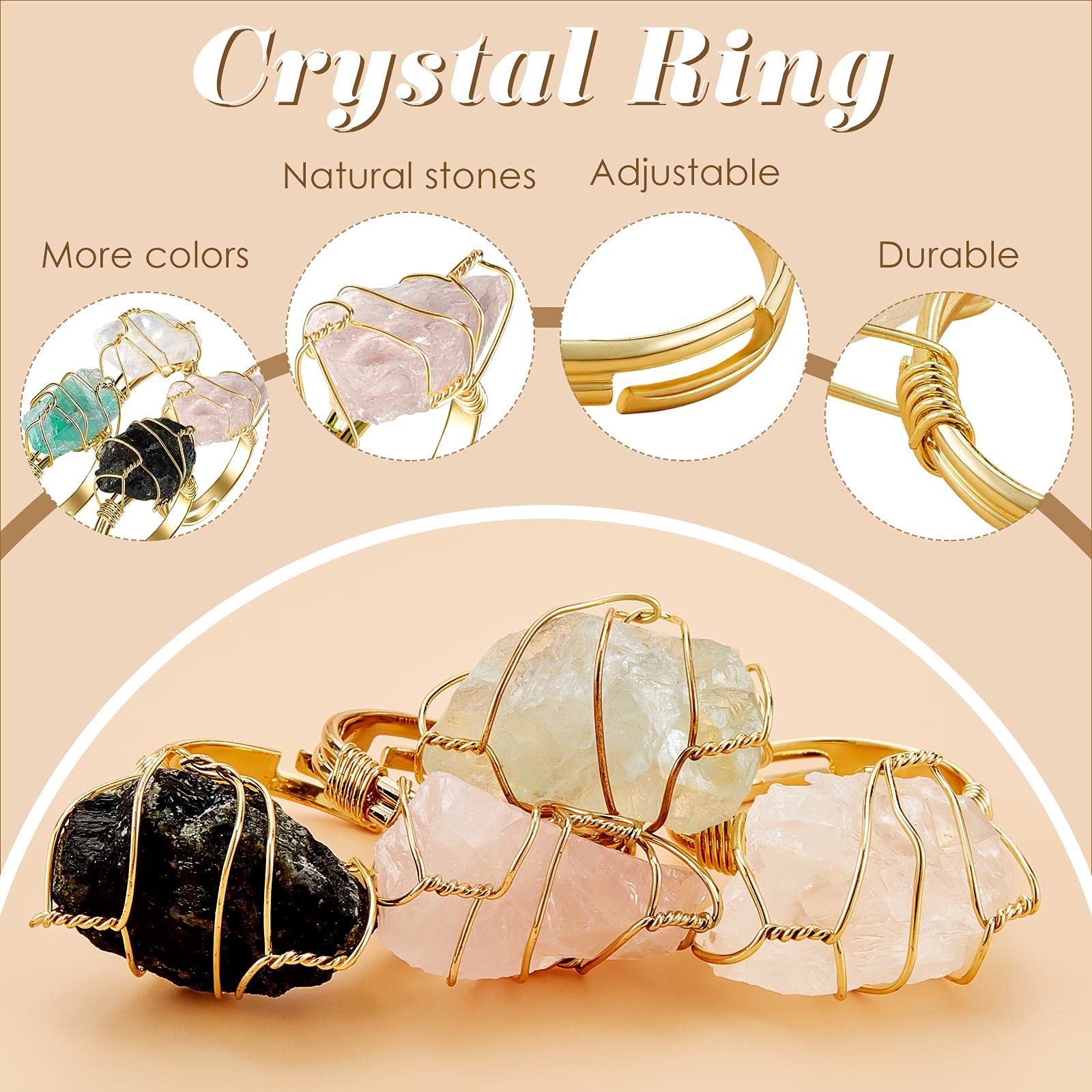 Kigeli 4 Pieces Chakra Crystal Ring Healing Crystal Ring Crystal Gemstone Adjustable Ring Irregular Crystal Wire Wrapped Ring Jewelry for Women and Girls (Pink, White, Black, Green)