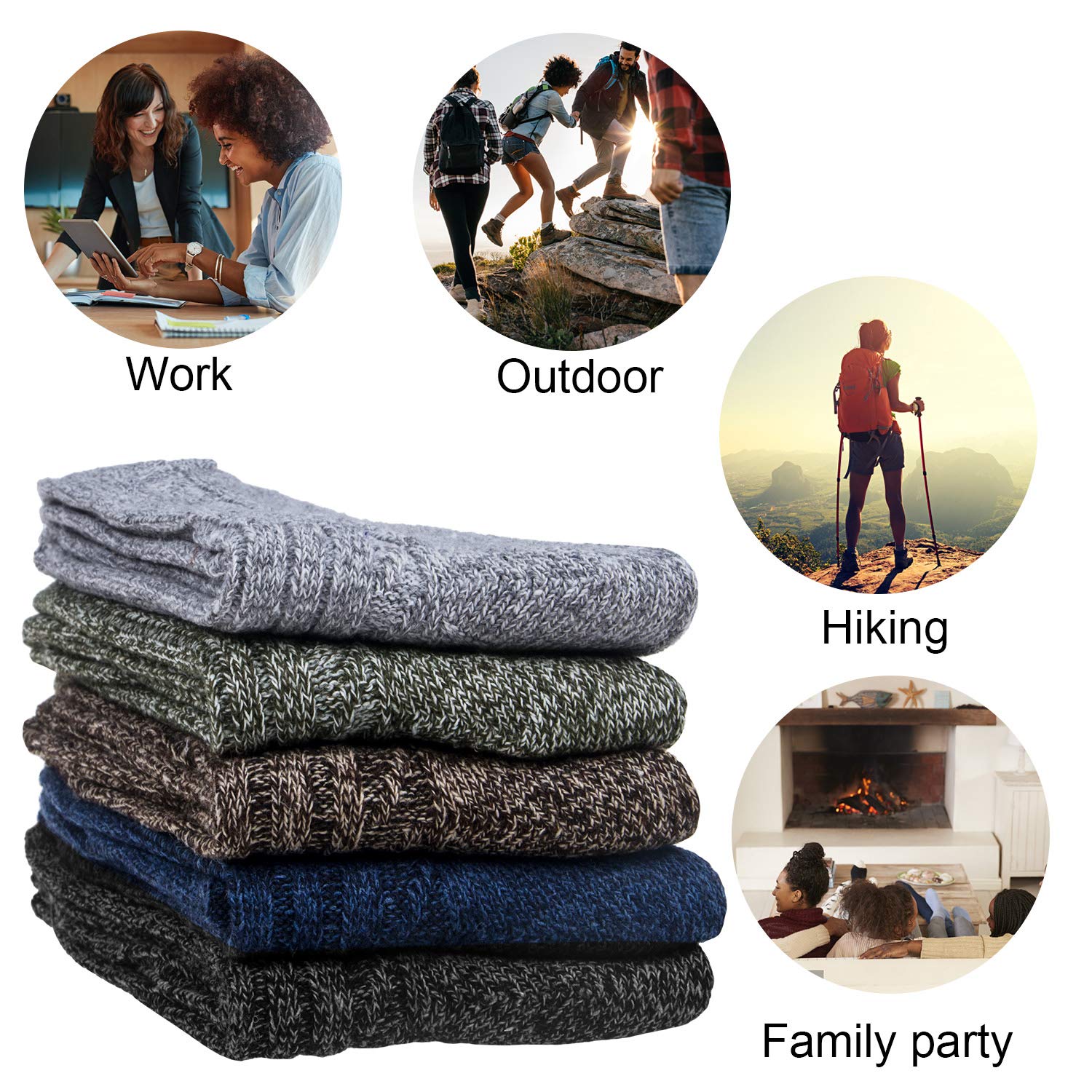 Justay 5 Pairs Womens Wool Socks Vintage Warm Winter Socks Thick Cozy Socks Knit Casual Crew Socks Gifts for Women (Solid Stripe 02)