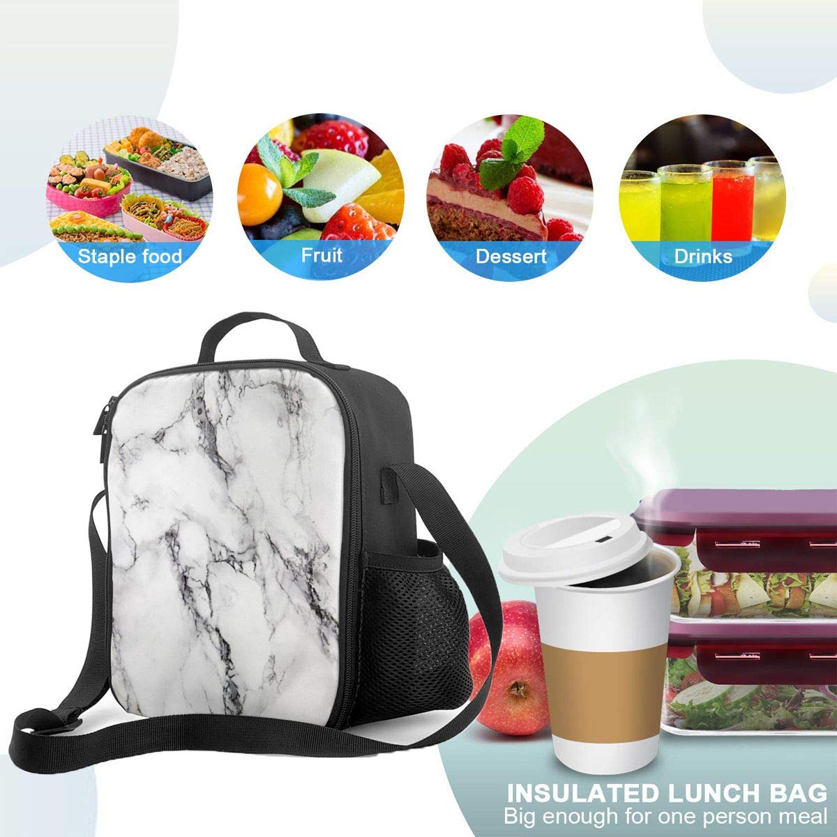 MSGUIDE Simple White Marble Stone Men & Women Insulated Lunch Bag,Reusable Tote Lunch Box with Water Bottle Holder and Adjustable Shoulder Strap for School Office Picnic
