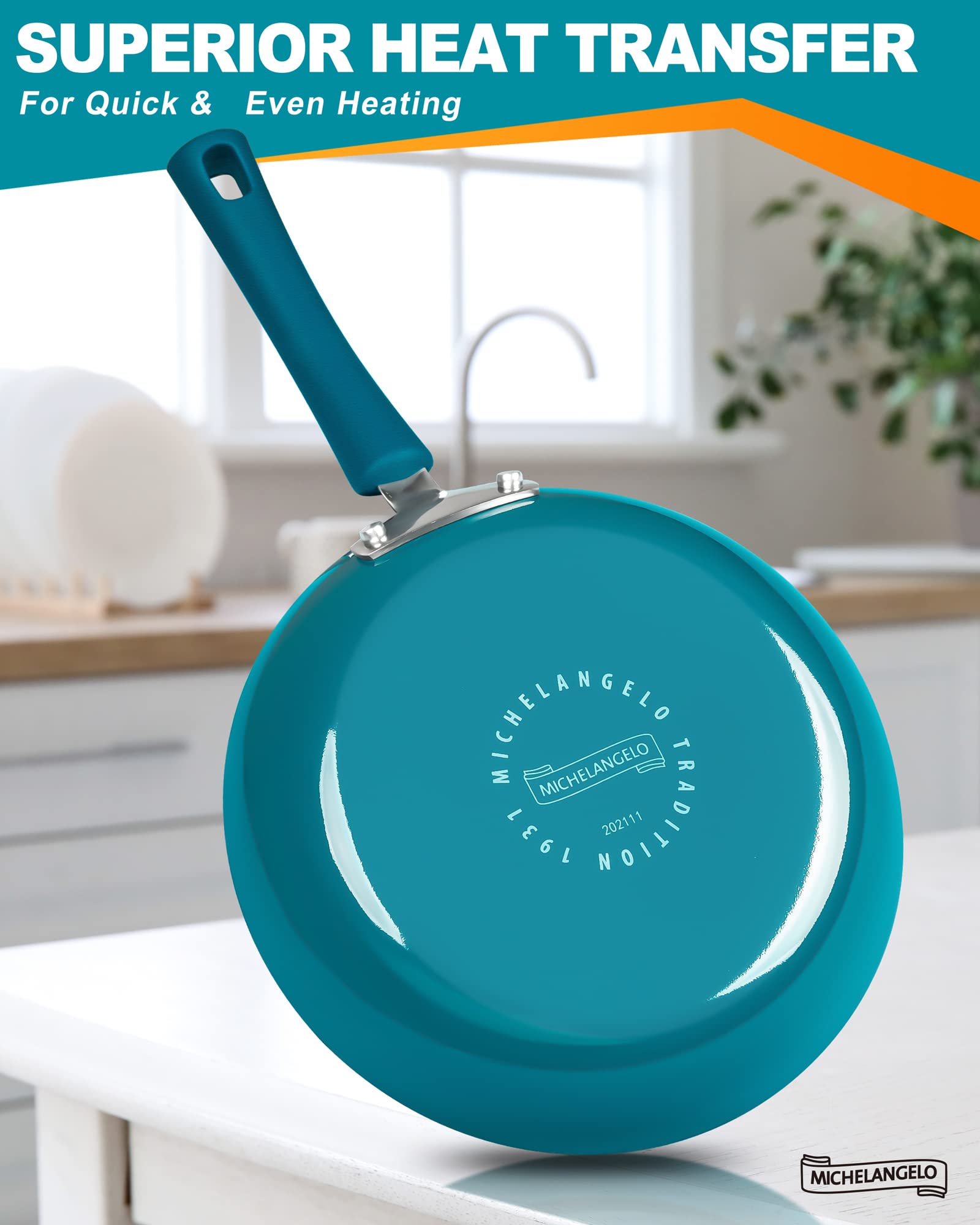 MICHELANGELO Non Stick Frying Pans Set, 8 Inch & 10 Inch Skillet Set, Frying Pans Nonstick with Granite Interior, Enamel Nonstick Pans for Cooking, Frying Pan Set with Silicone Handle, Cyan