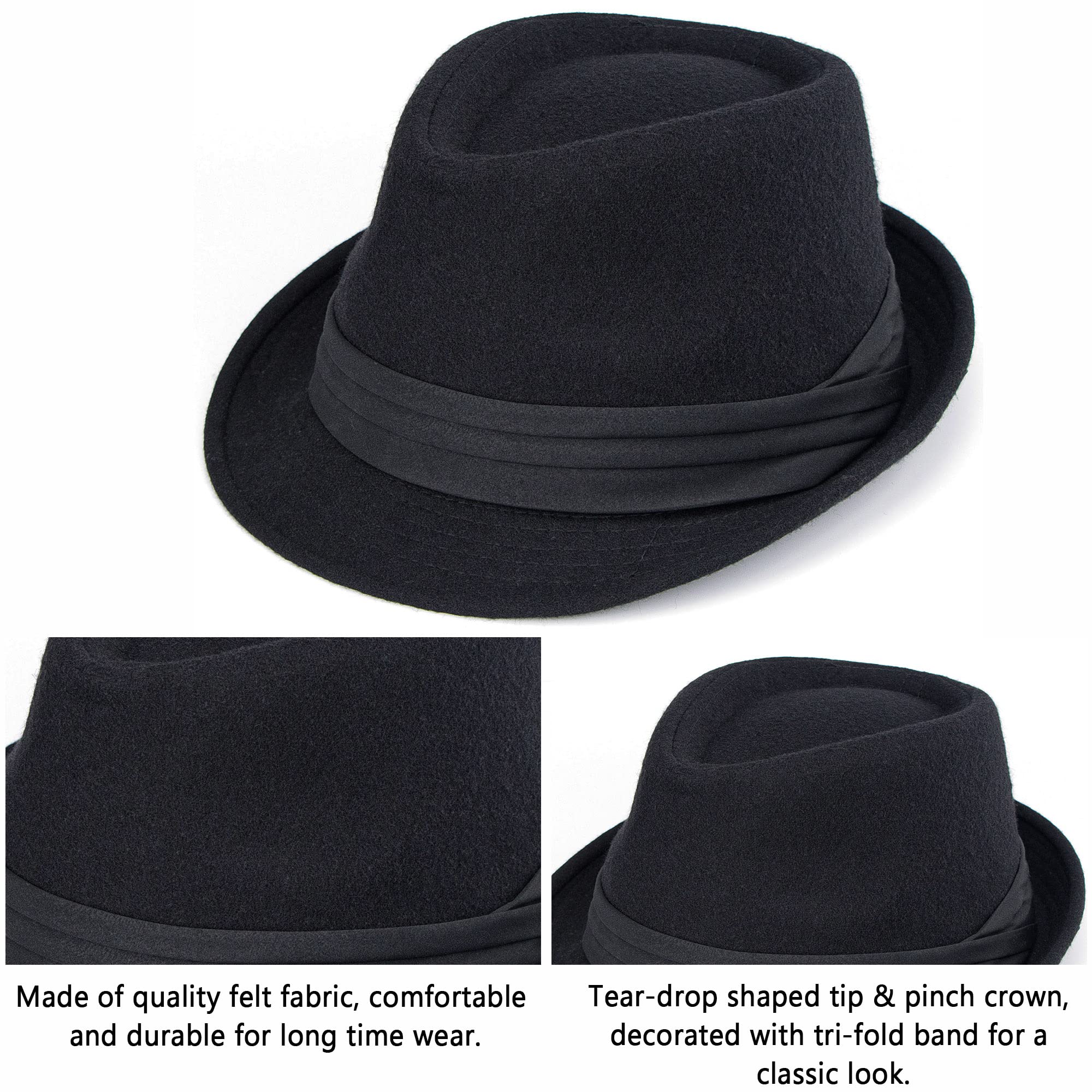Men's Classic Short Brim Trilby Hat Gangster Fedora Wool Cap with Band (S/M)