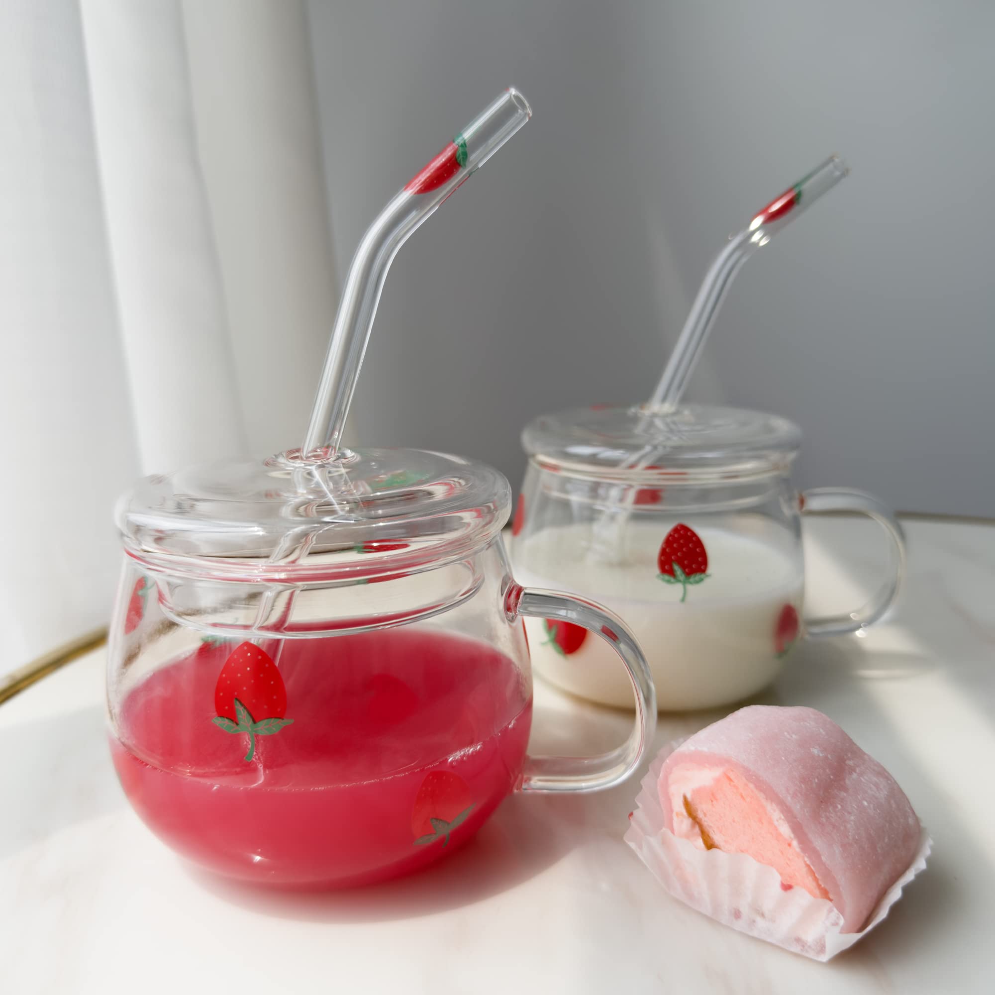 Kreapa strawberry glass cup 2 Sets cute strawberry Clear Glass Mug with Lid and Straw. Strawberry cups with cute strawberry roller stuff pattern decor glass bottle for Juice water milk coffee tea