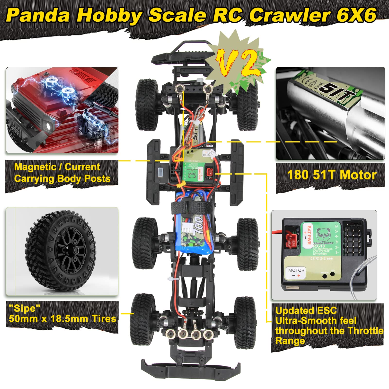 PANDA HOBBY Tetra24 X3 6X6 V2, 1/24 RC Rock Crawler 6WD Portal Axles & Electrified Magnetic Body Red
