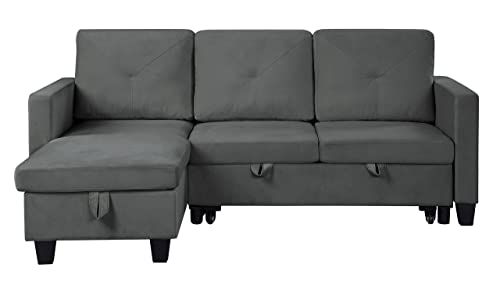RITSU Reversible Velvet Sleeper Sectional Sofa with Storage Chaise and Side Pocket, L-Shape Corner Couch with Arms for Living Room, Home Furniture, Apartment, Dorm, Dark Gray 3