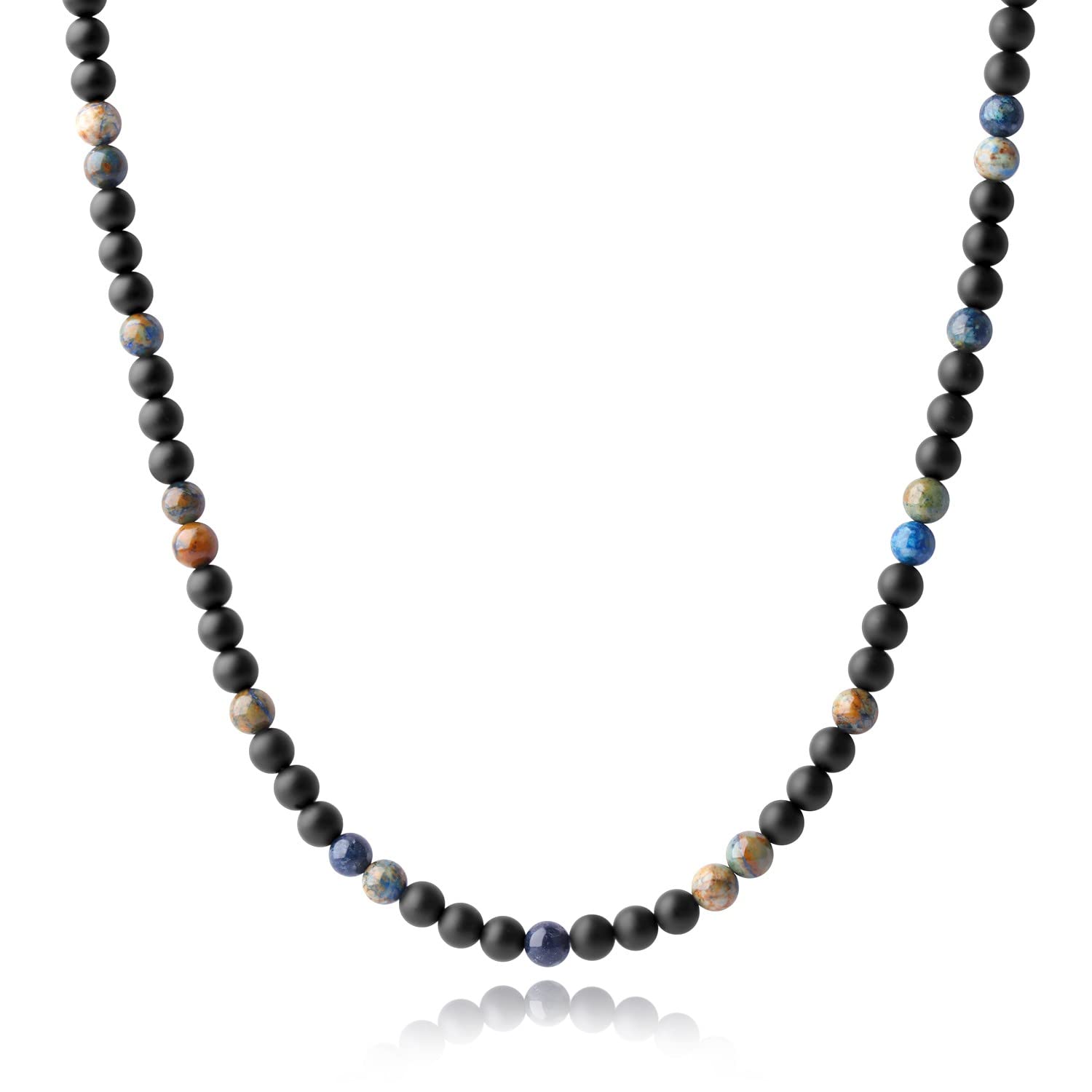LuxSep Minimalist Style Natural 6mm Azurite and Onyx Beaded Necklace 20β