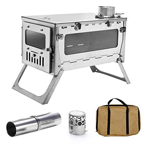 MC TOMOUNT Titanium Folding Tent Stove Wood Burning Stove Ultralight 1mm Thick Plate for Backpacking Camping Hunting Pipe Included