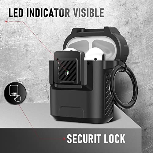 Youtec Compatible with Airpods 2&1 Case Cover with Cleaner Kit, Military Hard Shockproof Airpods Case Cover Protective Case with Automatic Secure Lock & Keychain(10 in 1) (Black-1)