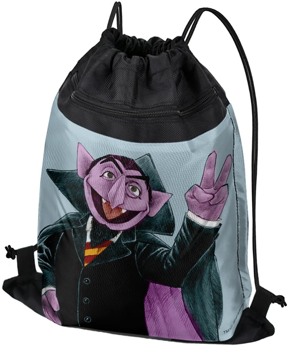 LOGOVISION Sesame Street Vintage Count Von Count Drawstring Backpack Sports Bag Sackpack 17" x 13", Perfect for Gym, Yoga or Practice