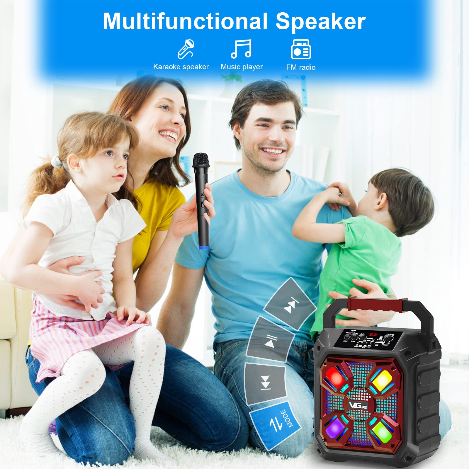 Karaoke Machine for Kids, VeGue Portable Bluetooth Speaker PA System with Wireless Microphone, LED Lights, Remote Control, Supports Tf Card/USB/AUX Input, Ideal for Home Karaoke, Party (VS-0606)