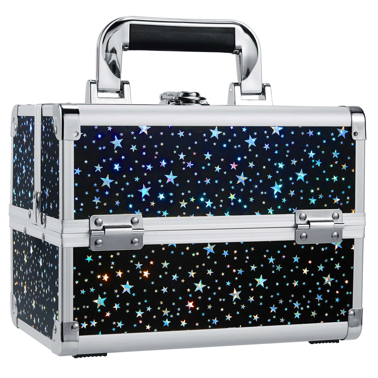 Joligrace Makeup Train Case Cosmetic Storage Jewelry Organizer Lockable with Keys and Mirror 2-Tier Tray Portable Carrying with Handle Travel Storage White Star