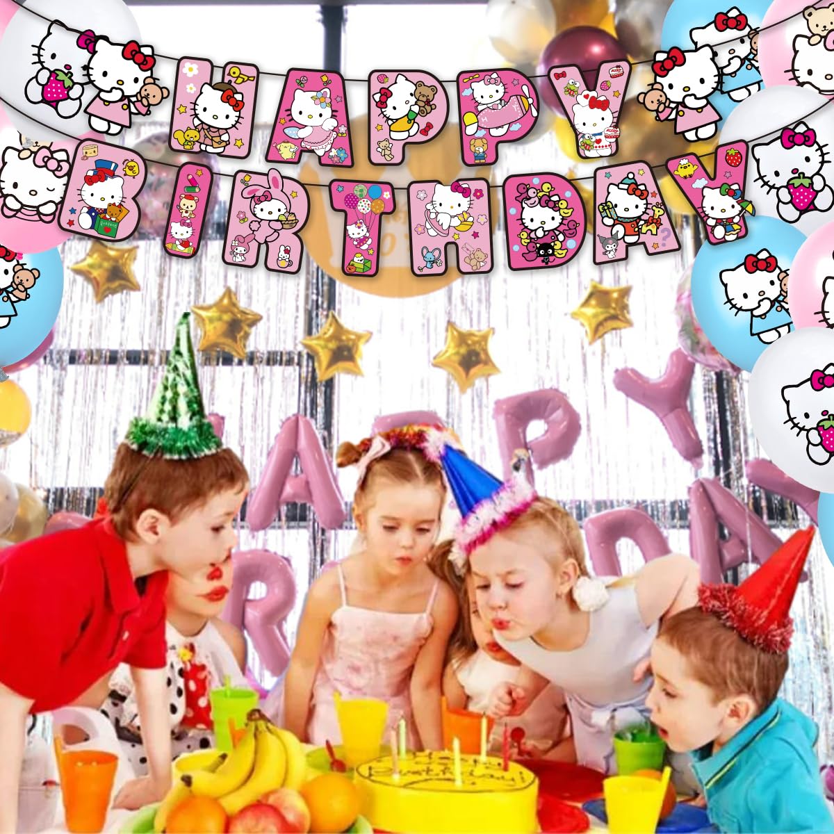 Kitty Birthday Decorations, Hello Kitty Birthday Party Supplies Include Banner, Ballons, Tablecloth, Cake Toppers, Cupcake Toppers, Plates for Kitty Themed Party