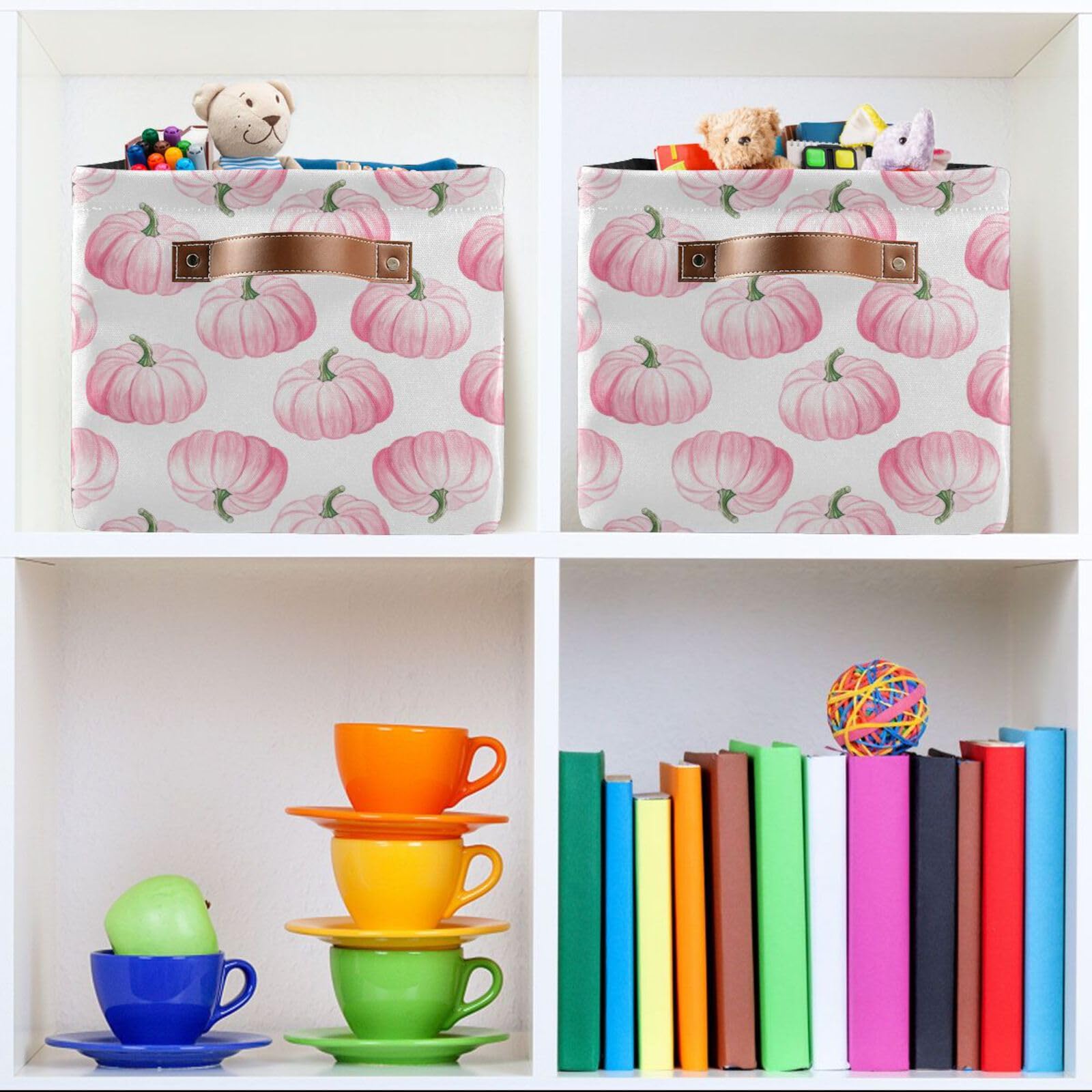 Takiito Storage Basket for Organizing Shelves, Pink Pumpkins Fabric Storage Bin with Handles for Books Toys Closet, 1 Pack