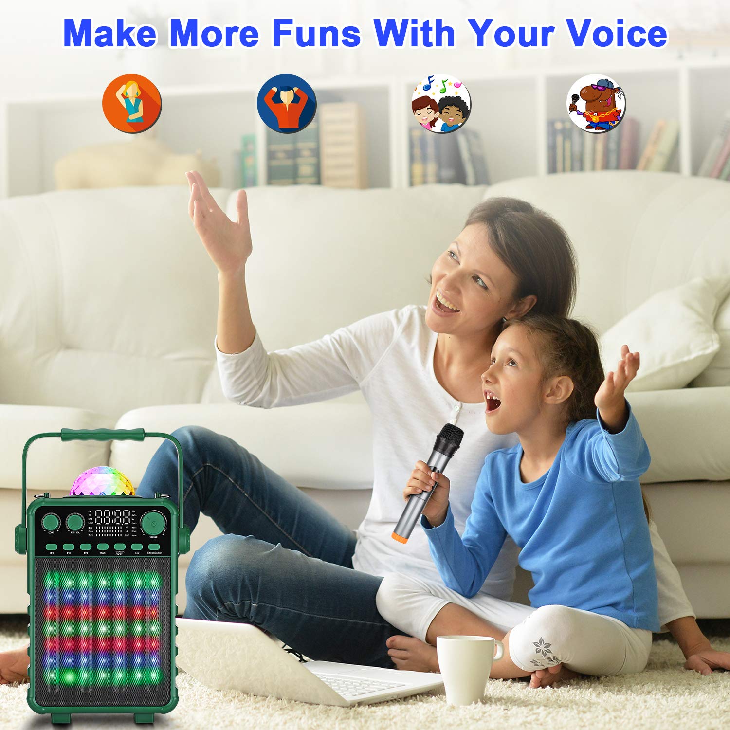 Karaoke Machine with Wireless Microphone, YLL Bluetooth Karaoke Speaker PA Sound System with Disco Lights for Home Party, FM, Recording, TF/USB Supported