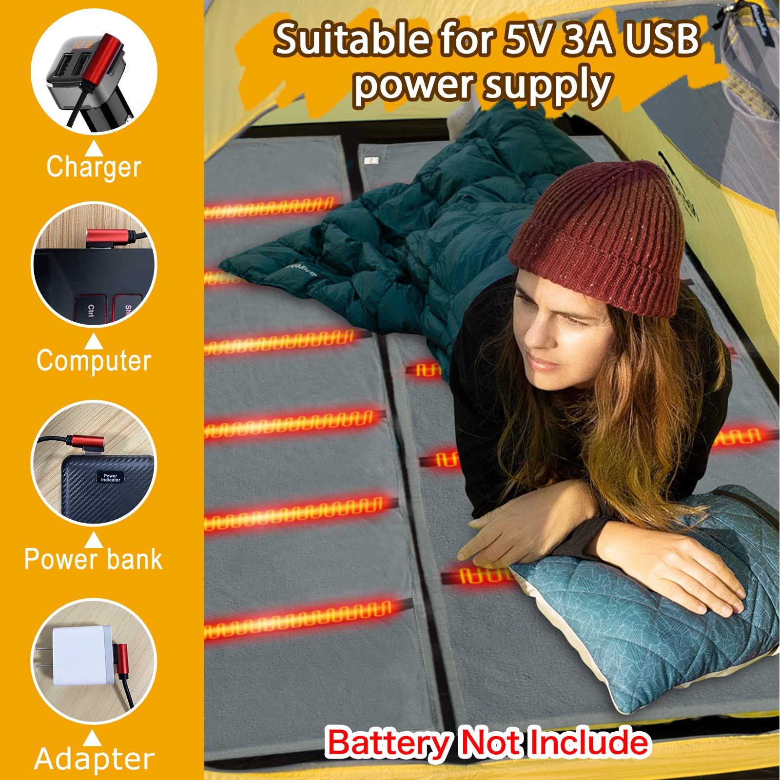 PANGTIKU Heated Sleeping Bag Liner - Battery Operated Heated Blanket for Camping Electric Warm Tent Heater for Cold Weather