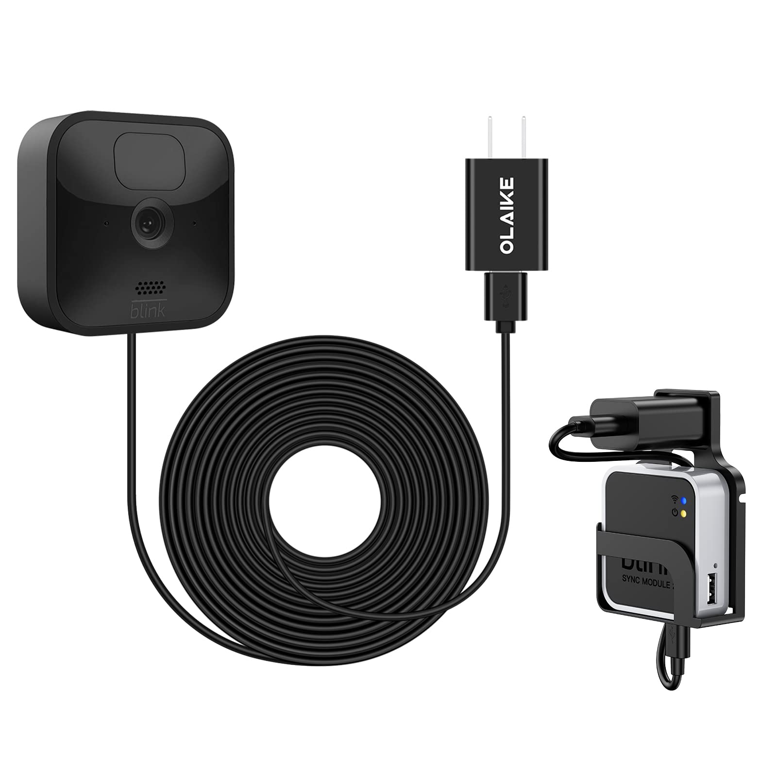 OLAIKE 16ft/5 m Power Cable with Adapter(2 Pack) Bundle with 1 Blink Sync Module Outlet Wall Mount for Blink Outdoor/Indoor Camera & Blink XT/XT2, (No Include Camera and Sync Module), Black
