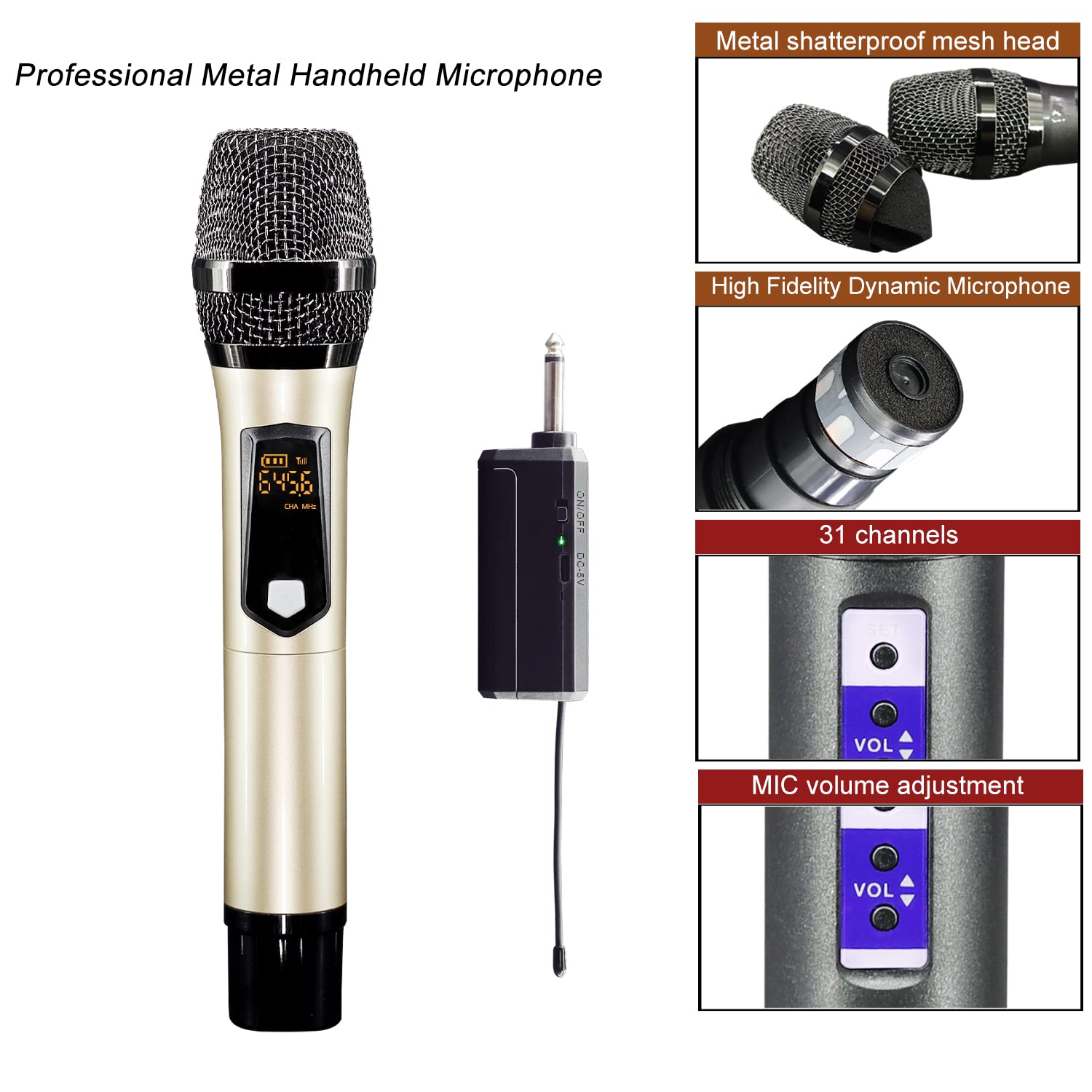 PAsucceed Wireless Microphones, UHF Metal Dual Handheld Cordless Microphone, Rechargeable Receiver, for Church, Speech, Wedding, Party Singing,Karaoke Machine, Speaker, Amplifier,160ft Range