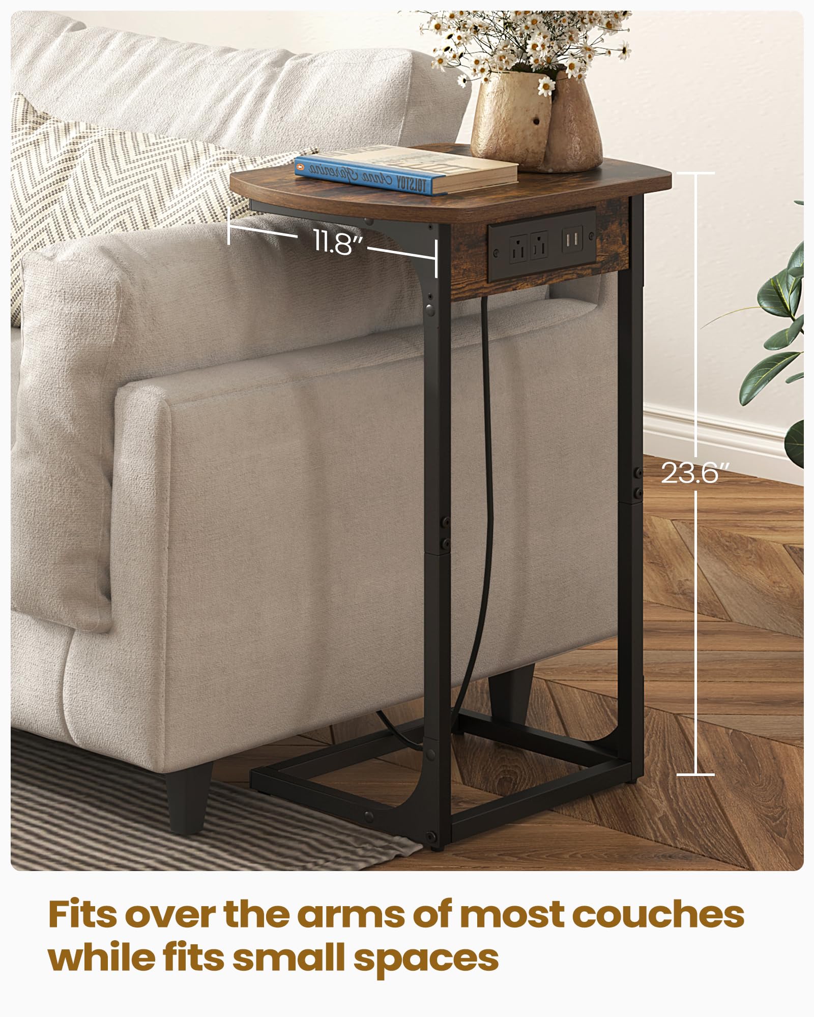 Hzuaneri C Shaped End Table with Charging Station, Bed Side Table with USB Port & Outlet, Couch Table, C Snack Table for Living Room, Bedroom, Rustic Brown and Black ET05101B