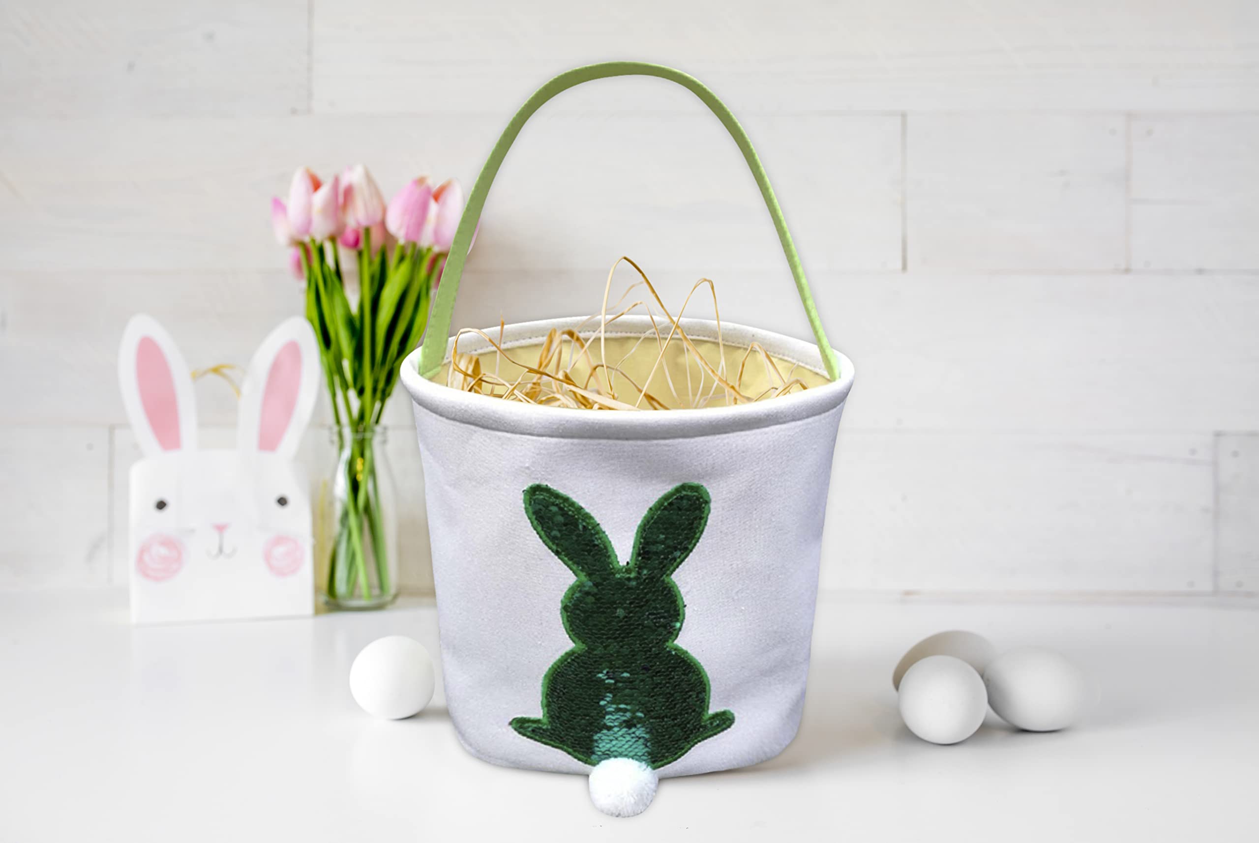 Jolly Jon Easter Bunny Basket Bag - Blue to Silver Sequin Colors - Kids Easter Egg Hunt Baskets - Color Changing Reusable Party Bags - Rabbit with Cotton Tail Canvas Tote