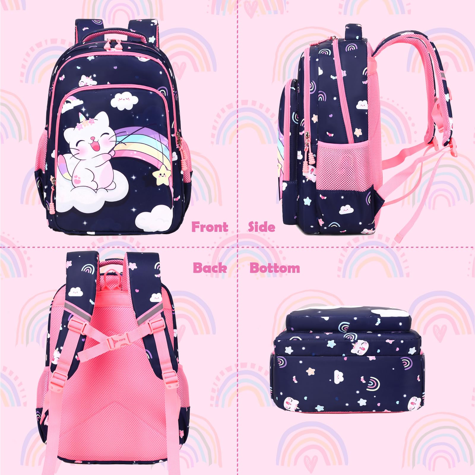 Kimwadalh Girls Backpack Set for School, Cute Rabbit School Backpack with Lunch Box Pencil Case & Chest Strap for Preschool Elementary