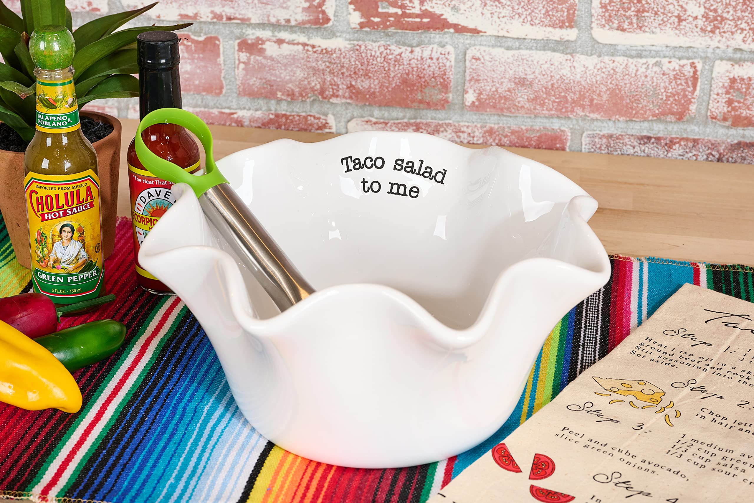 Mud Pie Circa Taco Salad Bowl and Towel Set, White, 5" x 10" dia