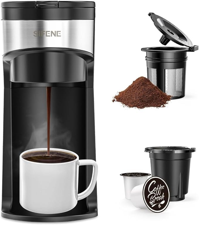 SIFENE Mini Coffee Maker Single Serve Instant Coffee Brewer, One Cup for K Pod & Ground Coffee, Capsule Coffee Machine with Water Window and Descaling Reminder (Black)