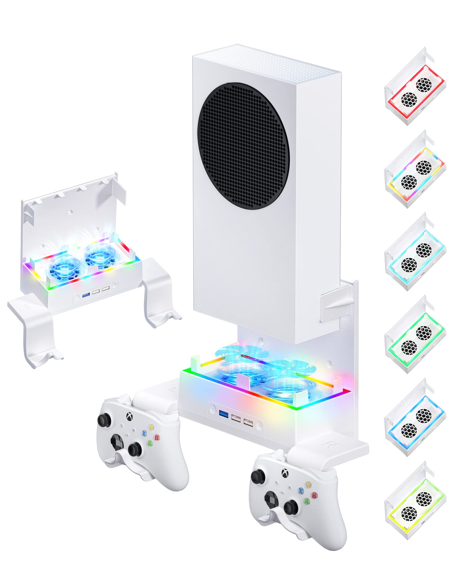 Narati Wall Mount with Cooling Fan for Xbox Series S, 6 in 1 Wall Mount Kit Fan Cooler System with 3 Level Adjustable Speed, 2 Detachable Controller Holder, 3 USB Port & LED Lights for XSS