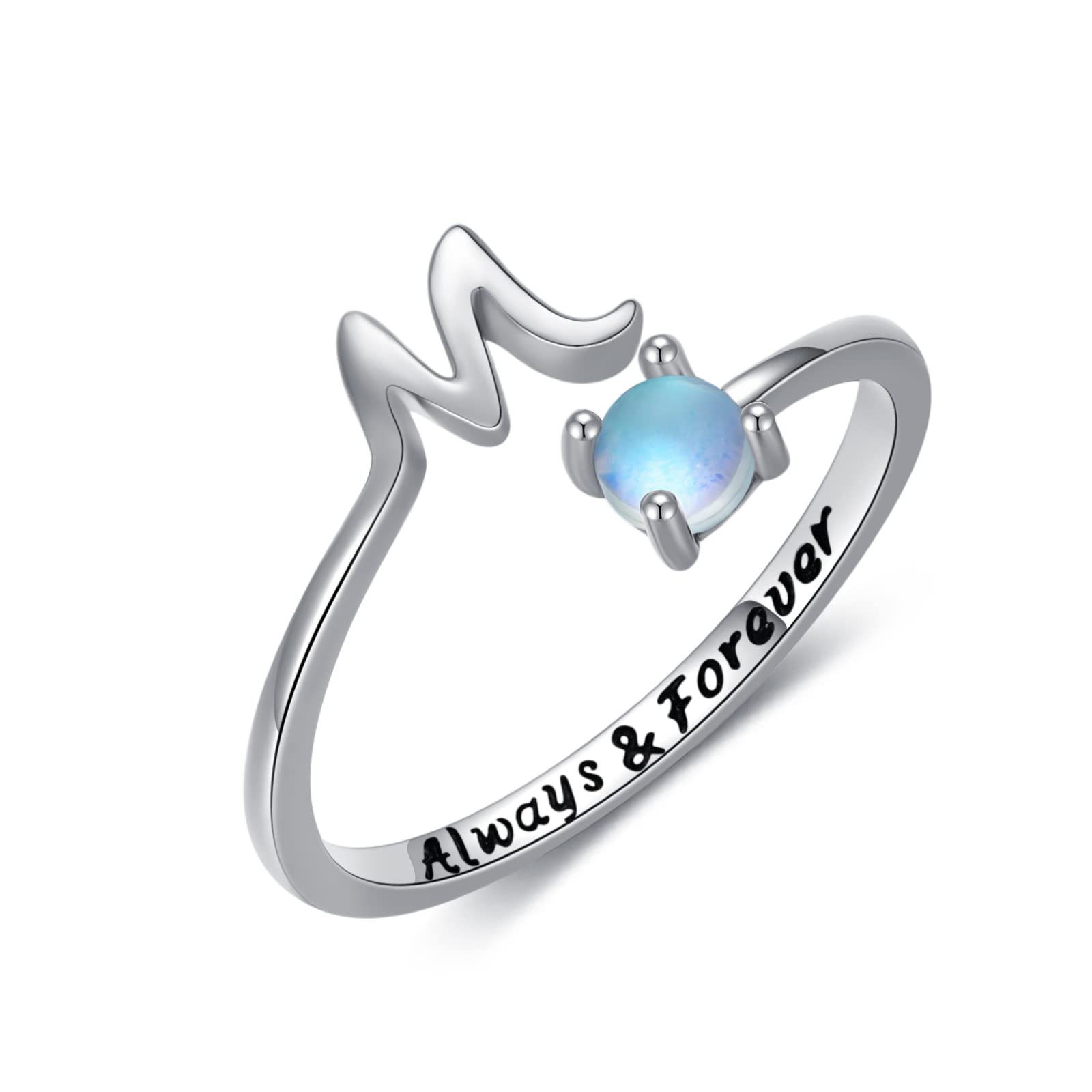 LELOUCHY Letter M Ring 925 Sterling Silver Adjustable Initial Moonstone Ring for Women Women