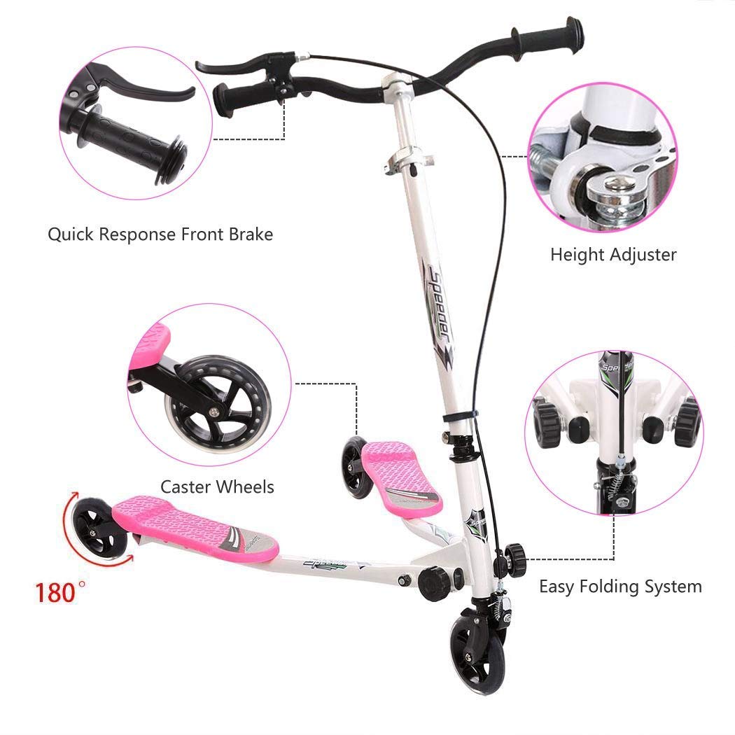 Kick Scooter, Swing Wiggle Scooter, Adjustable 3 Wheels Foldable Driving Push Drifter for Kids Age 5 Years Old and Up (Red)