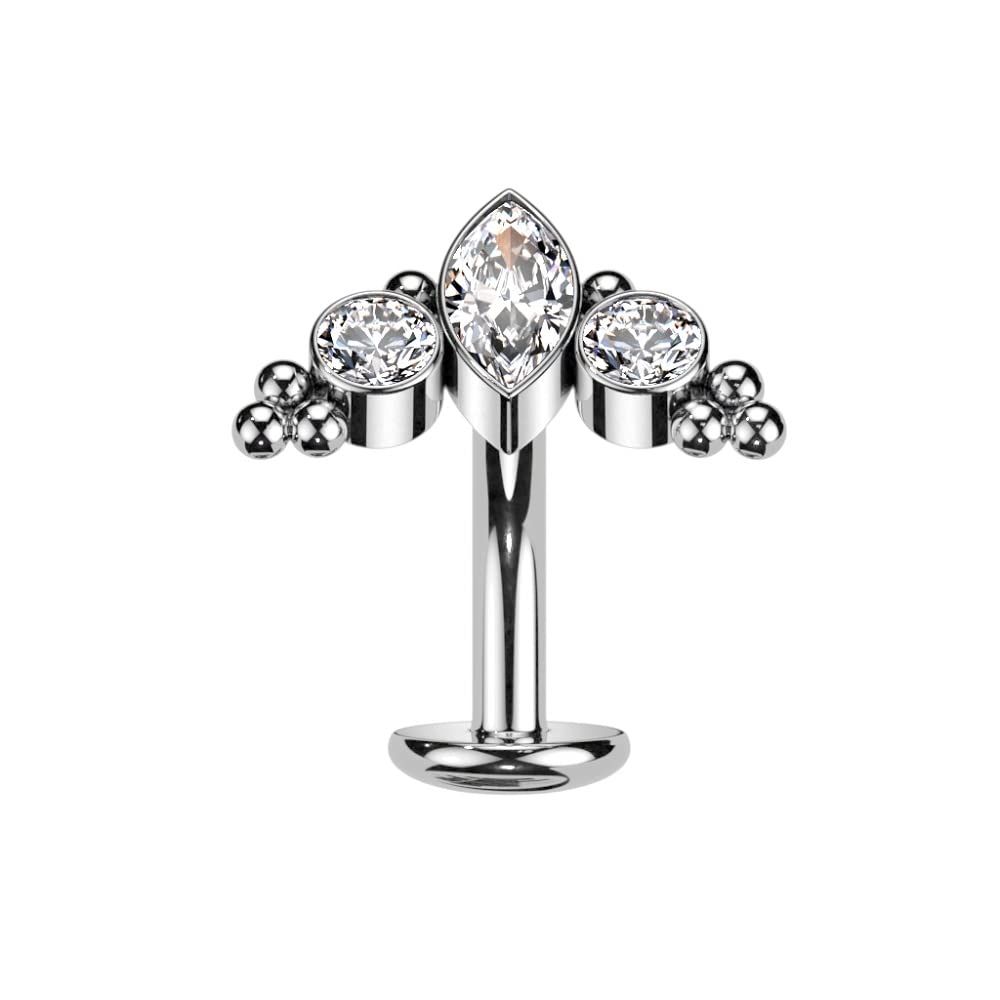 Pierced Owl 14GA F136 Implant Grade Titanium Threadless Convex Base CZ Crystal Marquise and Ball Clusters Floating Belly Button Ring (Clear)