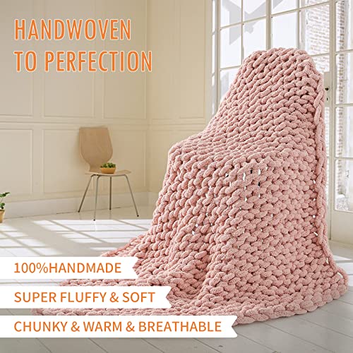 QQP Chunky Knit Throw Blanket,Hand Made with Jumbo Chenille Yarn Crochet Blanket,Super Cozy and Soft Chunky Knitted Throw Blanket for Sleep&Home Decor.(40x40In Dusty Pink)