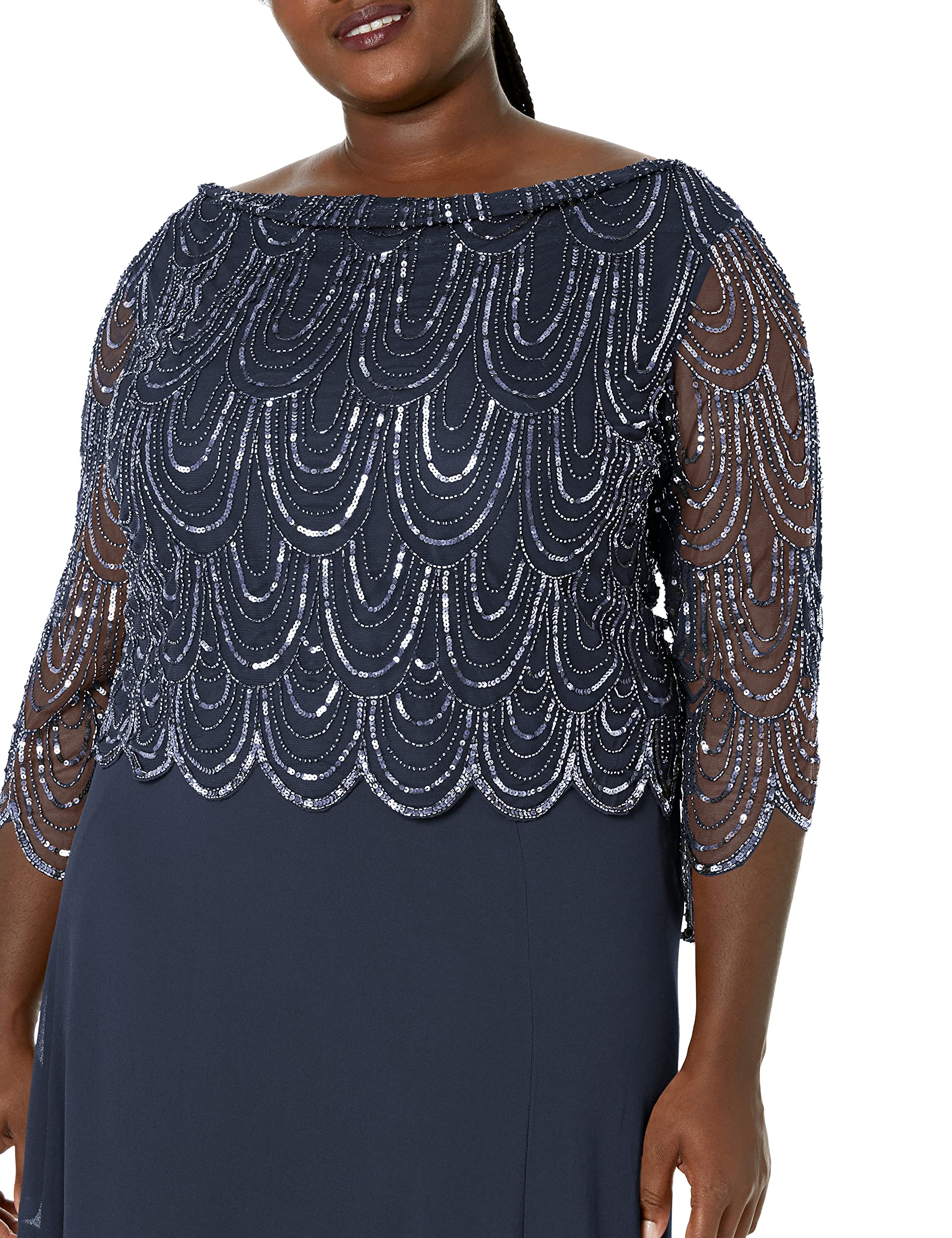 J Kara Women's 3/4 Scallop Beaded Pop Over Gown, Navy/Mercury, 8