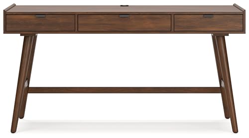 Signature Design by Ashley Lyncott Mid Century 3-Drawer 60" Home Office Desk with Cord Management, Open Cubby and Tapered Legs, Dark Brown