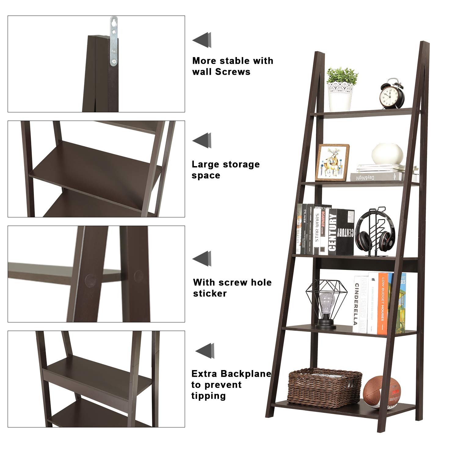 Kicode 5-Tier Ladder Shelf Bookcase, Leaning Bookshelf, Wooden Frame Decor Modern Bookshelf Storage, Flower Shelf Plant Display Shelf for Home Office